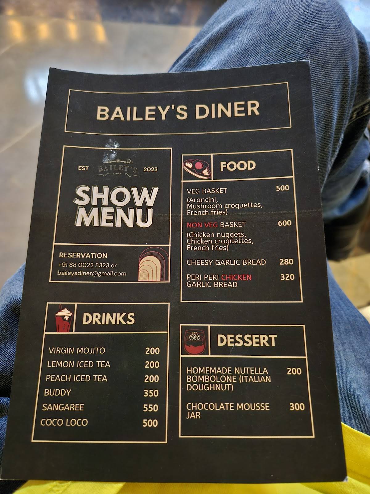 Menu at Bailey's Diner, Gurugram