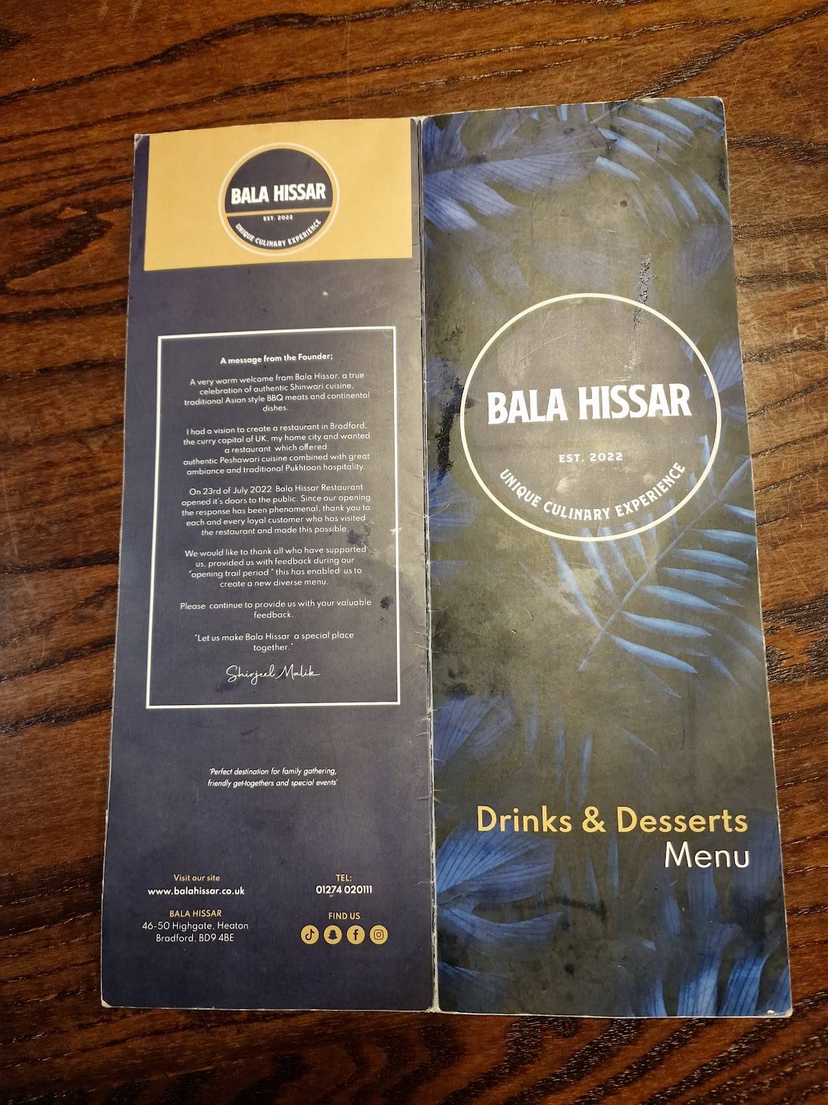 Menu at Bala Hissar Restaurant Bradford, Bradford