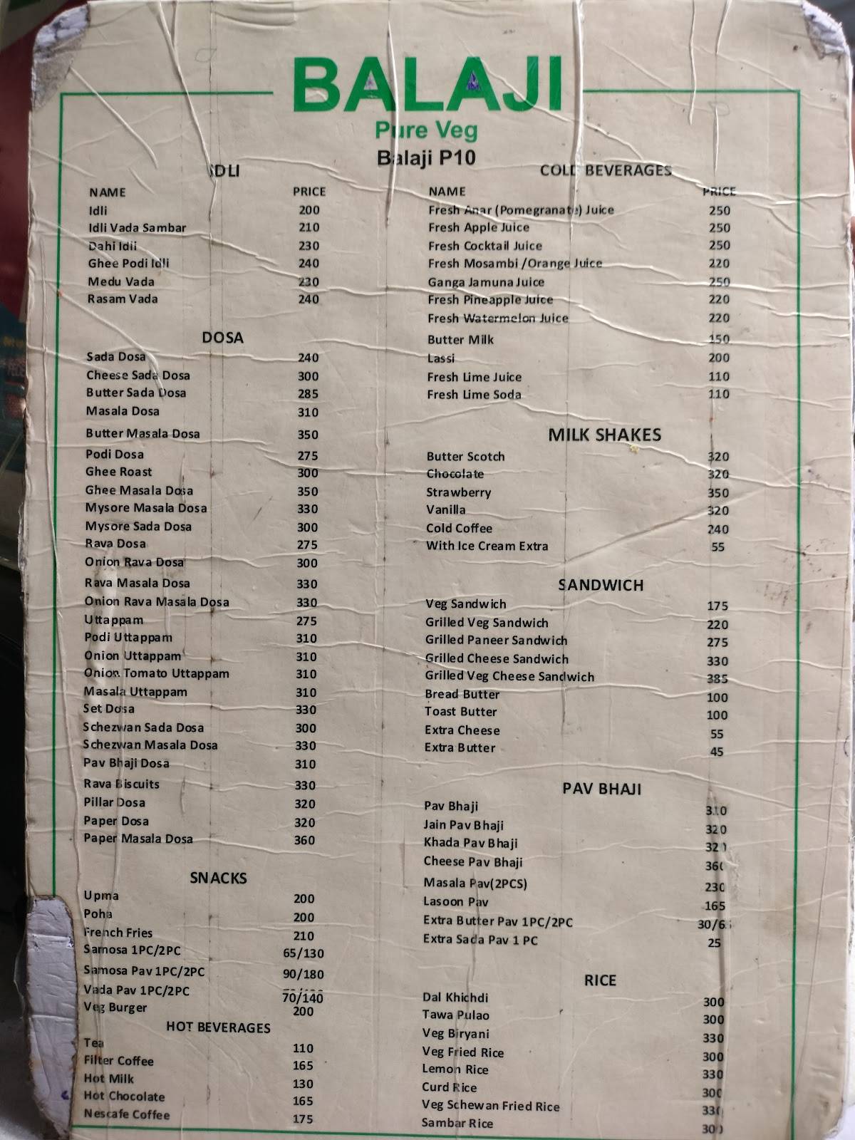 Menu at Balaji Restaurant, Mumbai, Level- P6