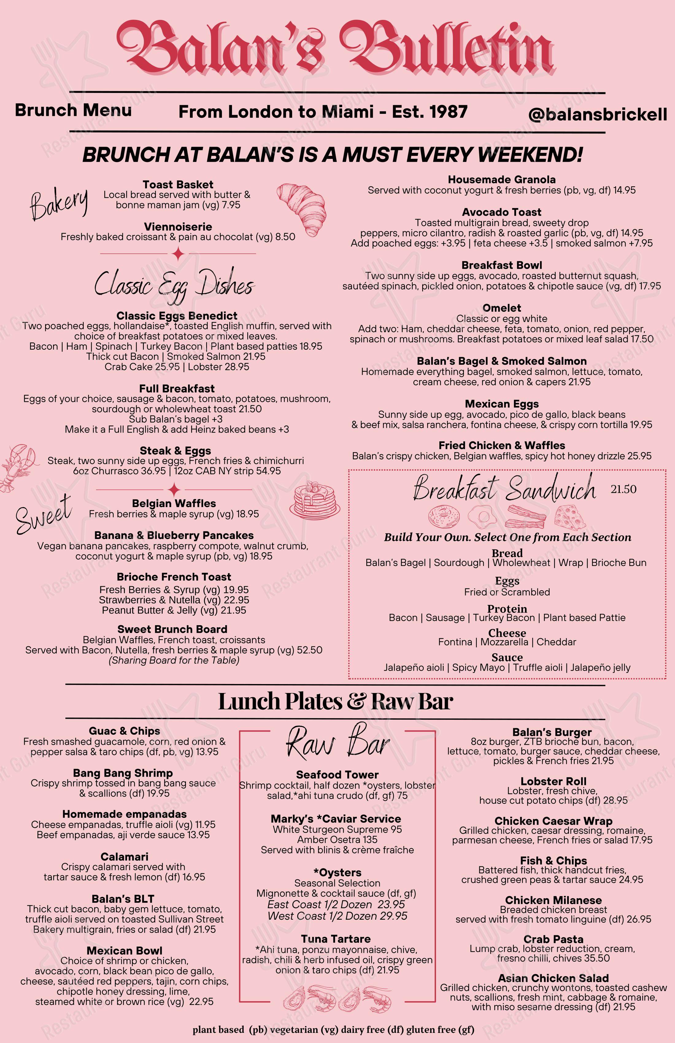 Menu at Balan's pub & bar, Miami