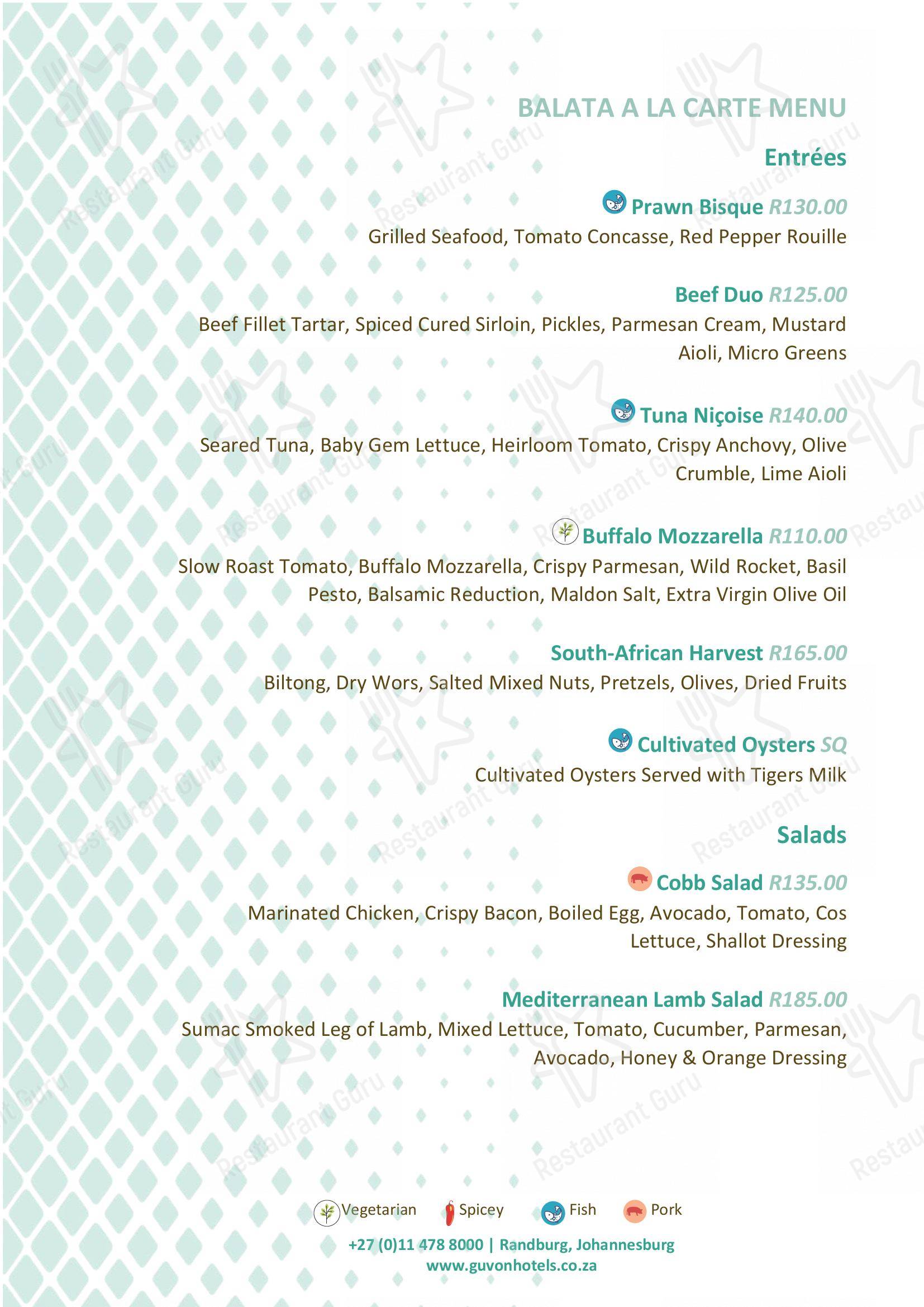 Menu at Balata Restaurant, The Fairway Hotel, Randburg