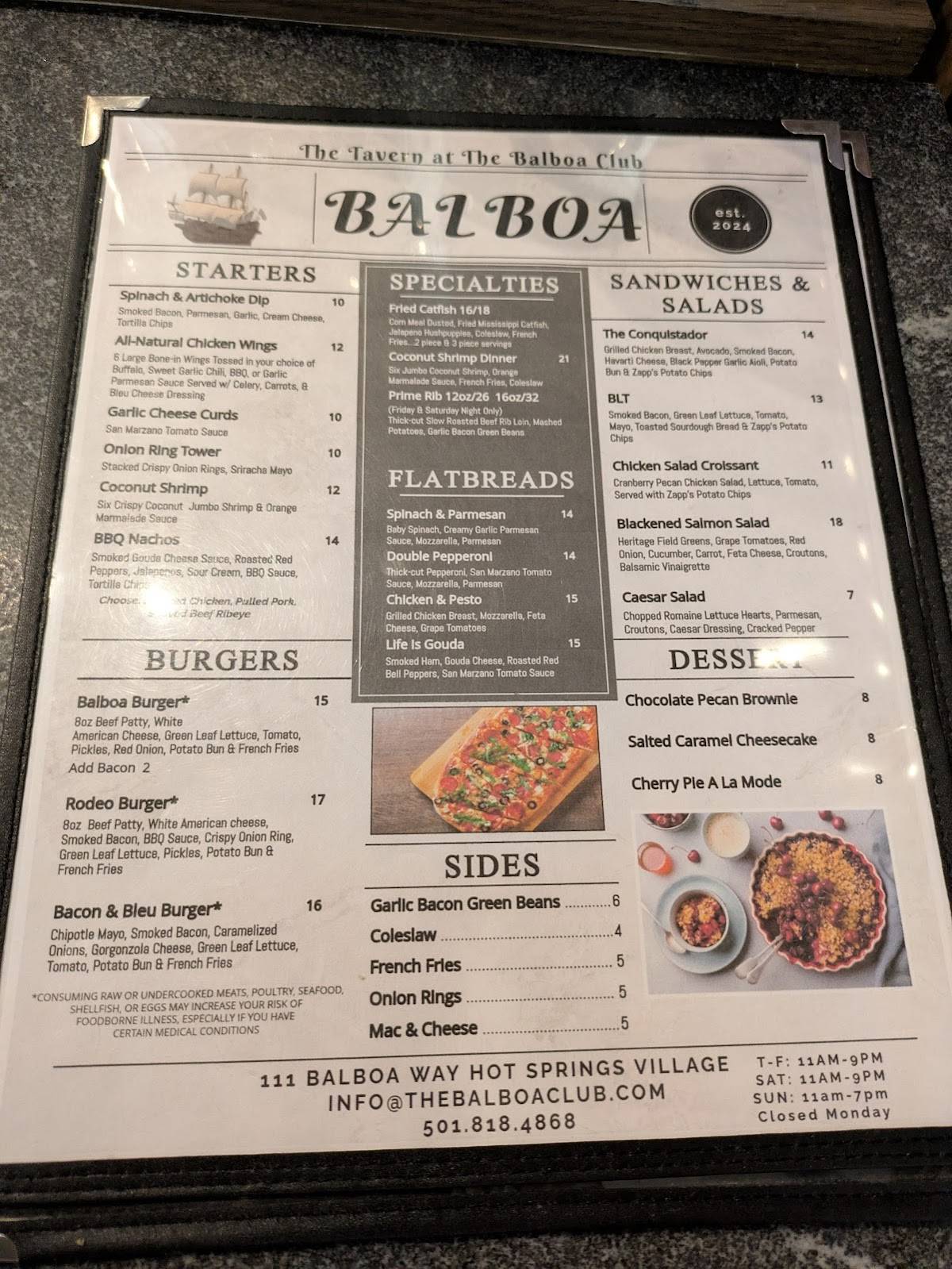 Menu at Balboa Club Restaurant, Hot Springs Village