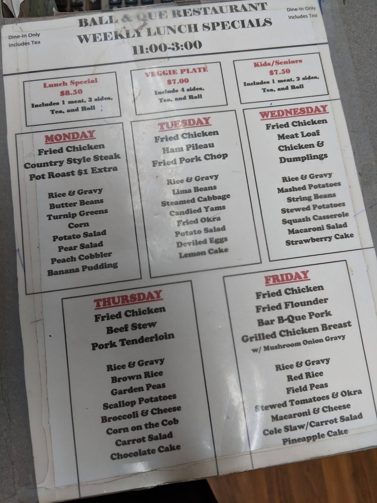 Menu at Ball & Que Restaurant, Georgetown