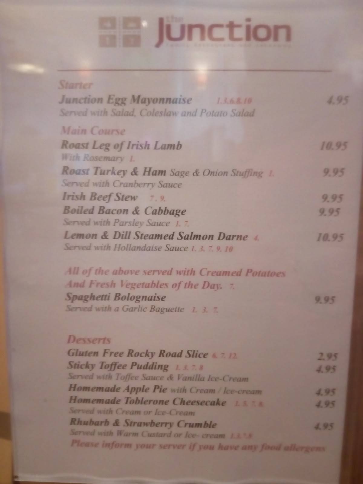 Menu at The Junction restaurant, Ballina