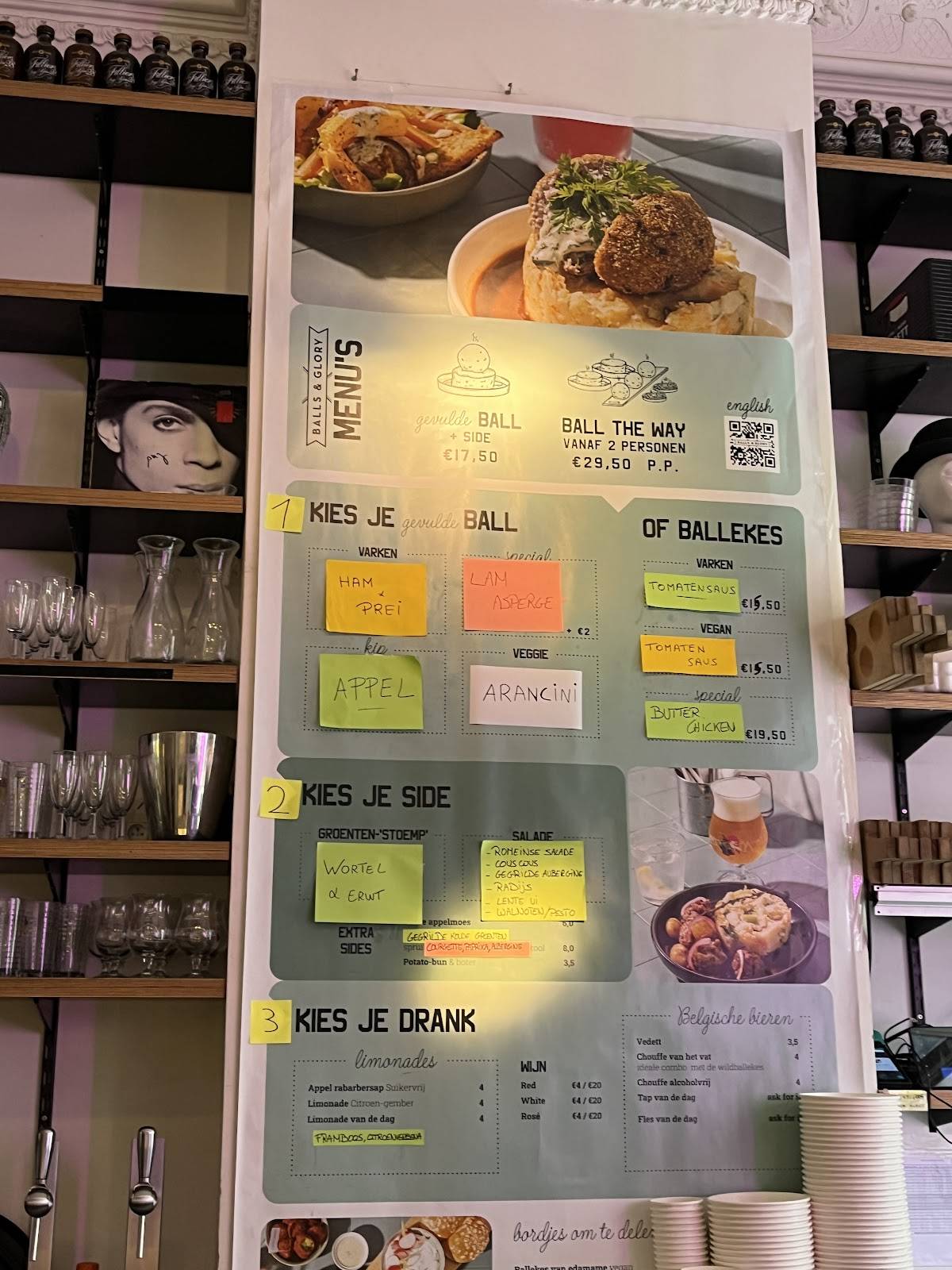 Menu at Balls & Glory, Ghent, Jakobijnenstraat 6