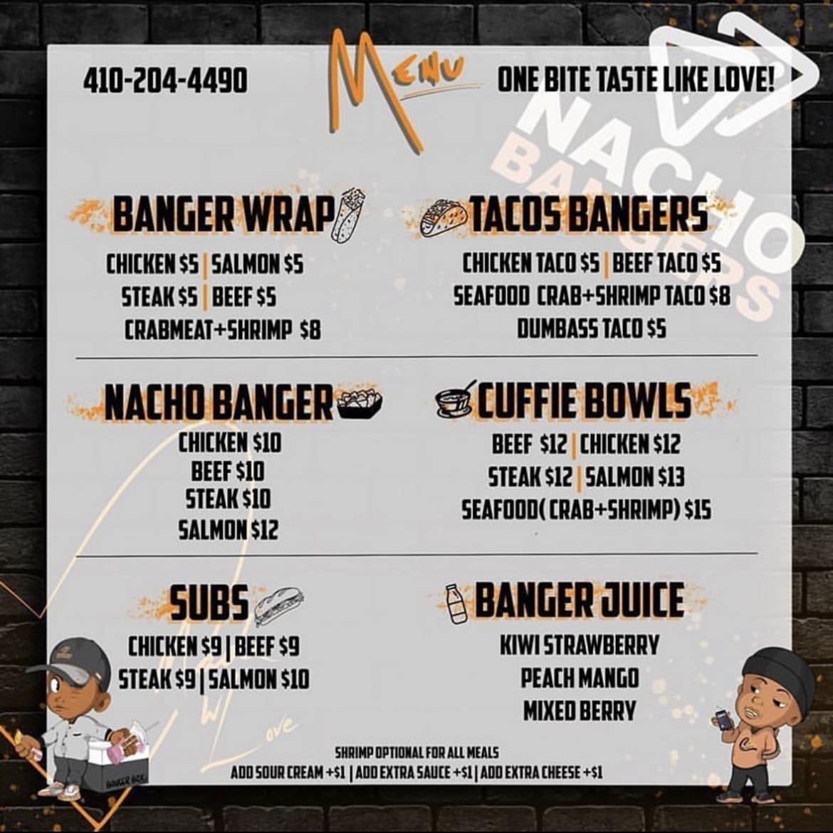 Menu at Nacho Bangers fast food, Baltimore, Pennsylvania Ave