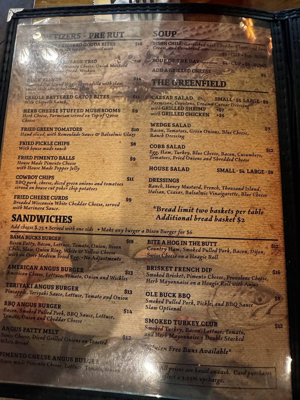 Menu at Bama Bucks steakhouse, Sardis City