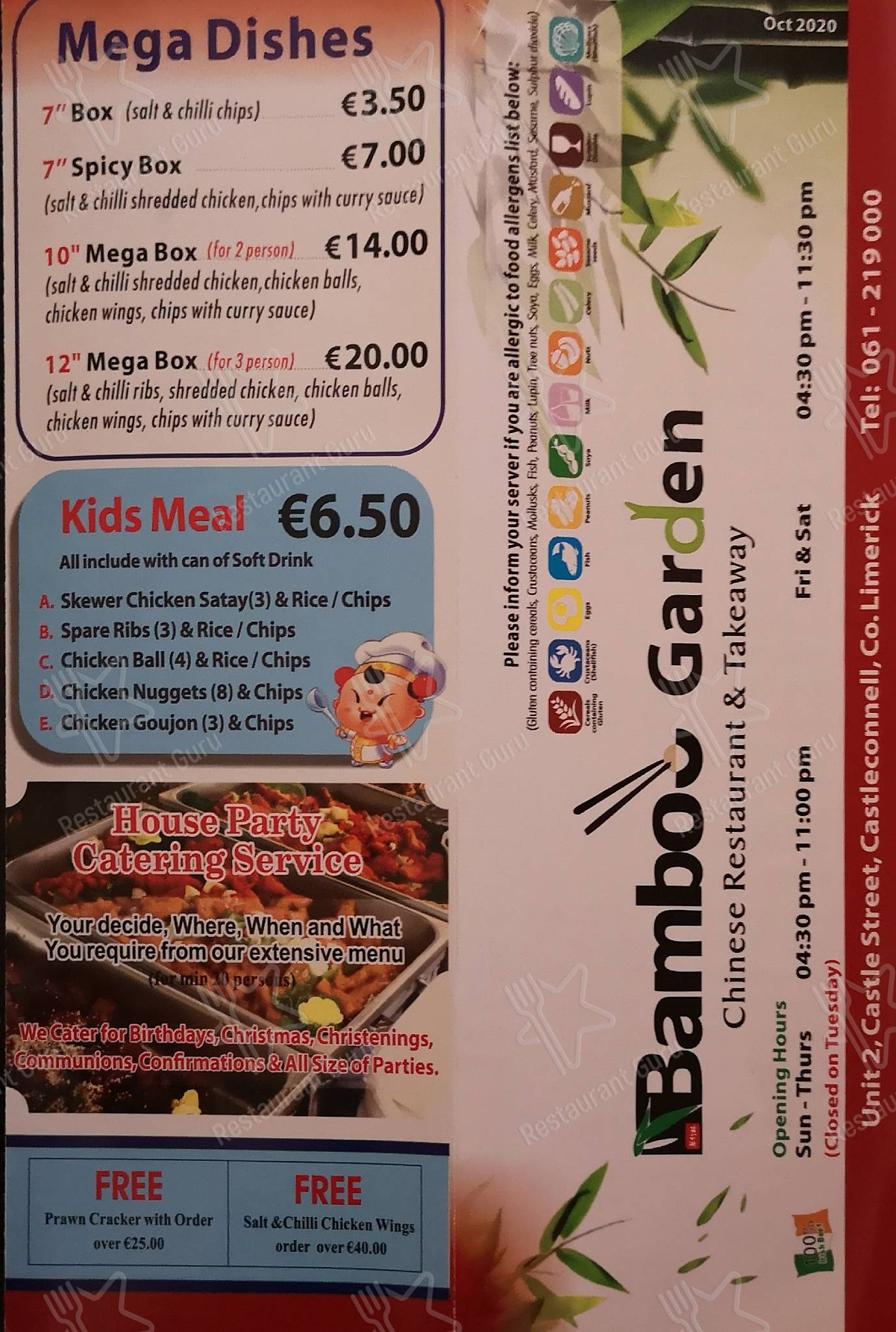 Menu at Bamboo Gardens restaurant, Castleconnell