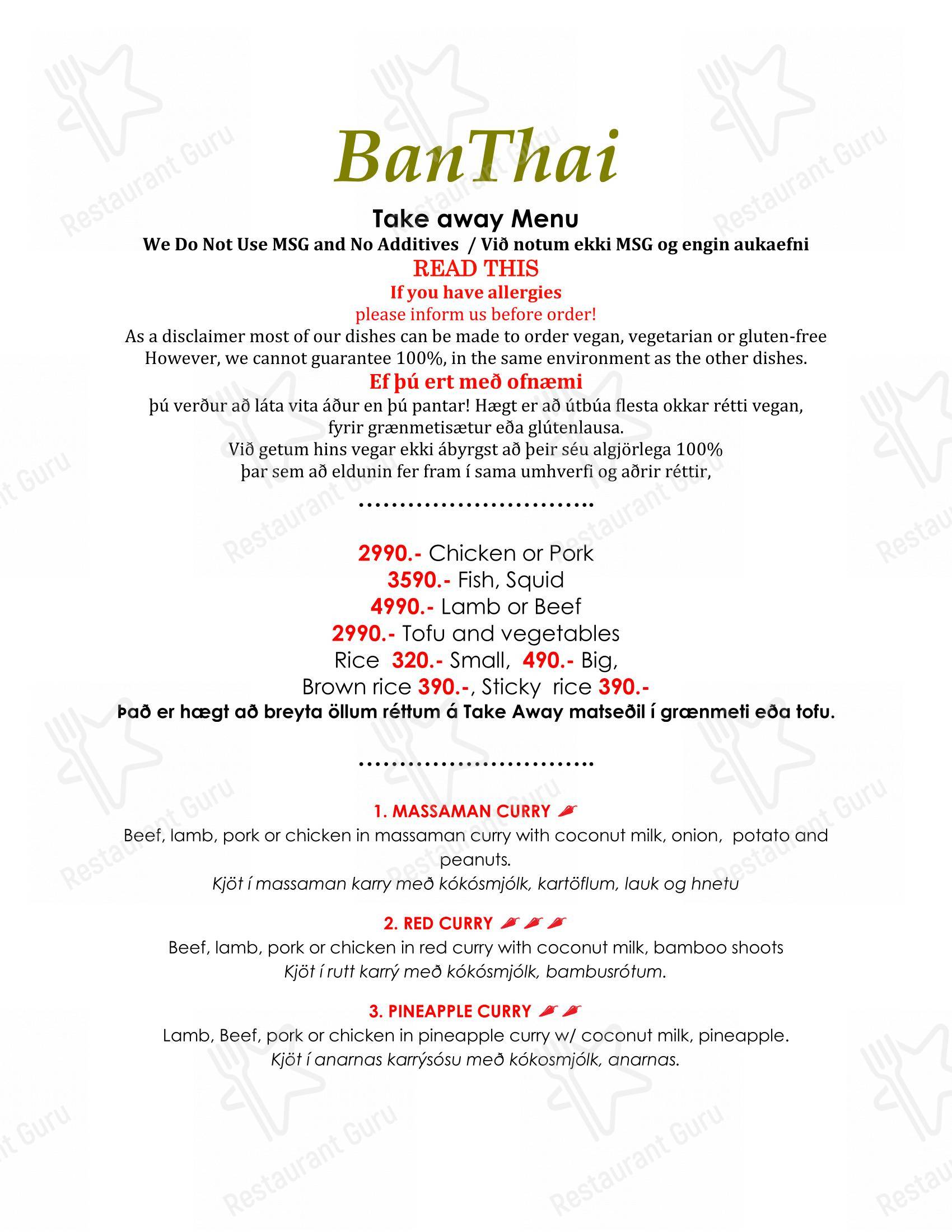 Carta de Ban Thai Restaurant, Reikiavik