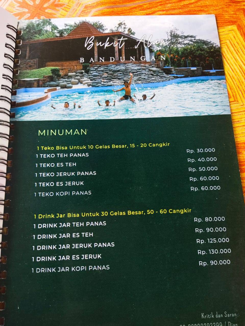 Menu at Bukit Alam restaurant, Bandungan