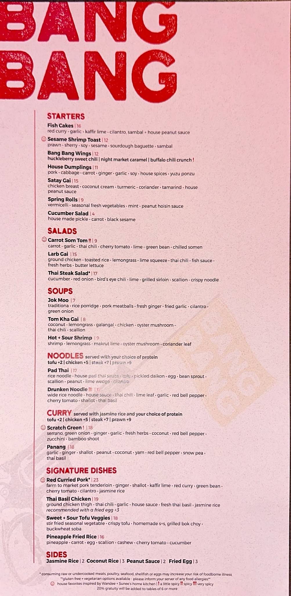 Menu at Bang Bang Thai restaurant, Whitefish