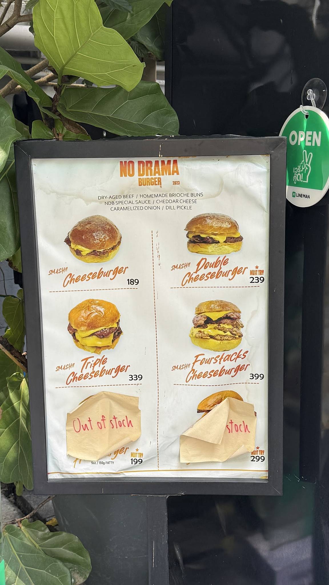 Menu at No Drama Burger restaurant, Bangkok