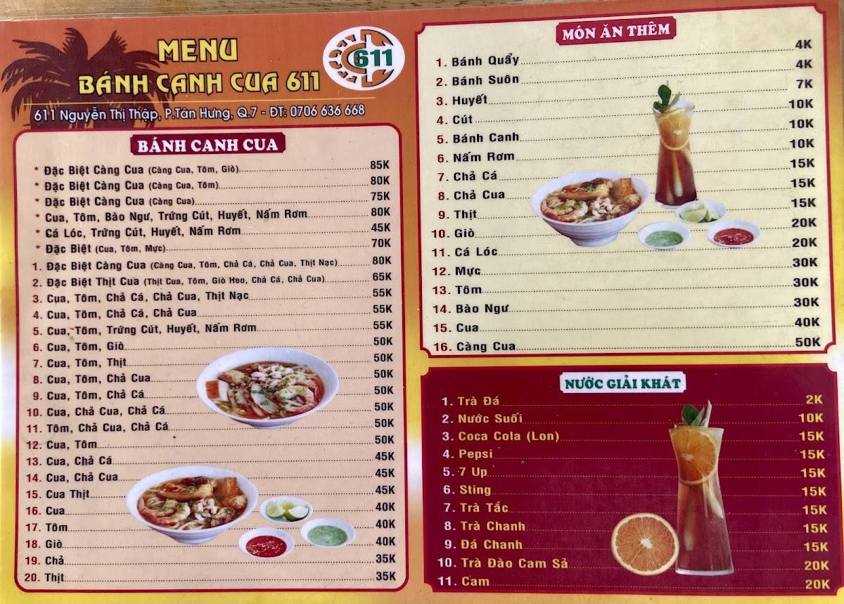 Menu at Bánh canh cua 611 Bánh canh quận 7 restaurant, Ho Chi Minh City