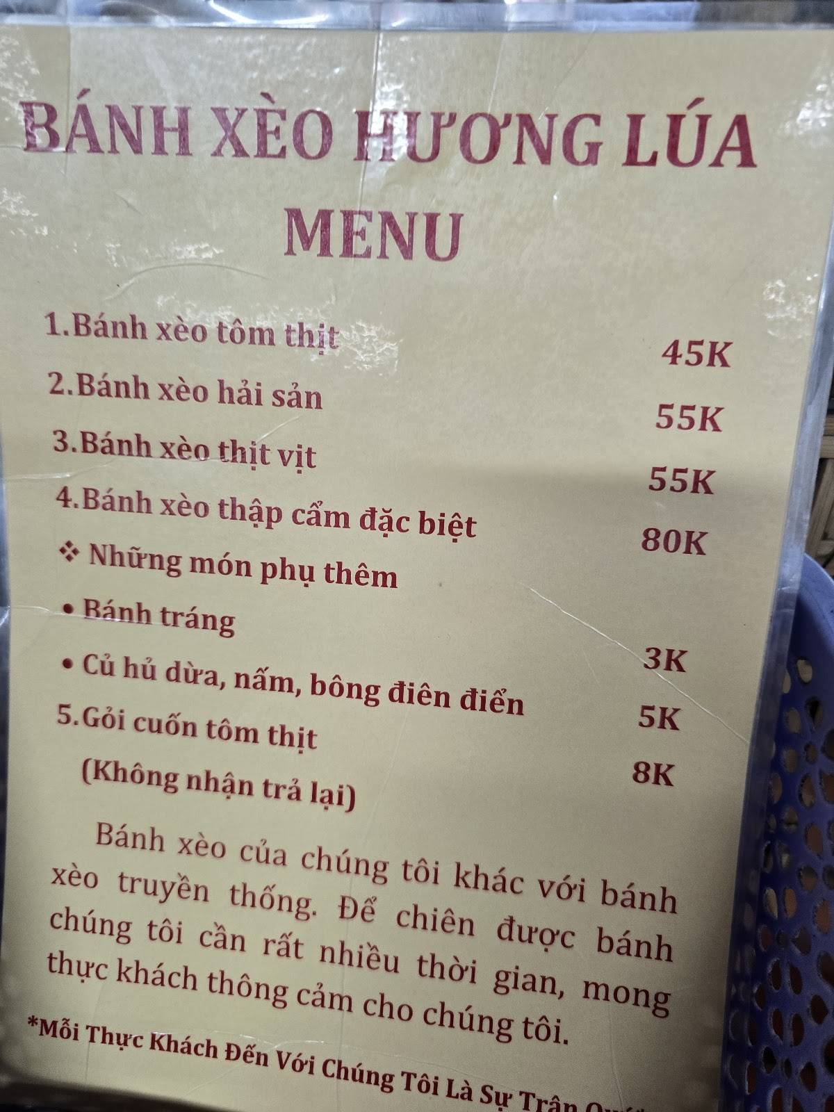 Menu at Bánh xèo Hương Lúa restaurant, Ho Chi Minh City