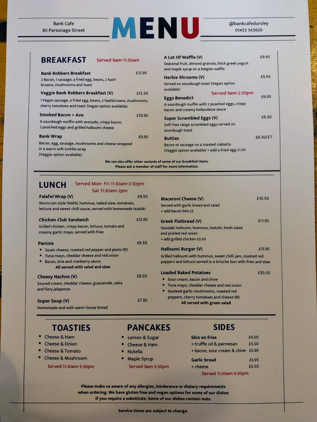 Menu at Bank Café cafe, Dursley