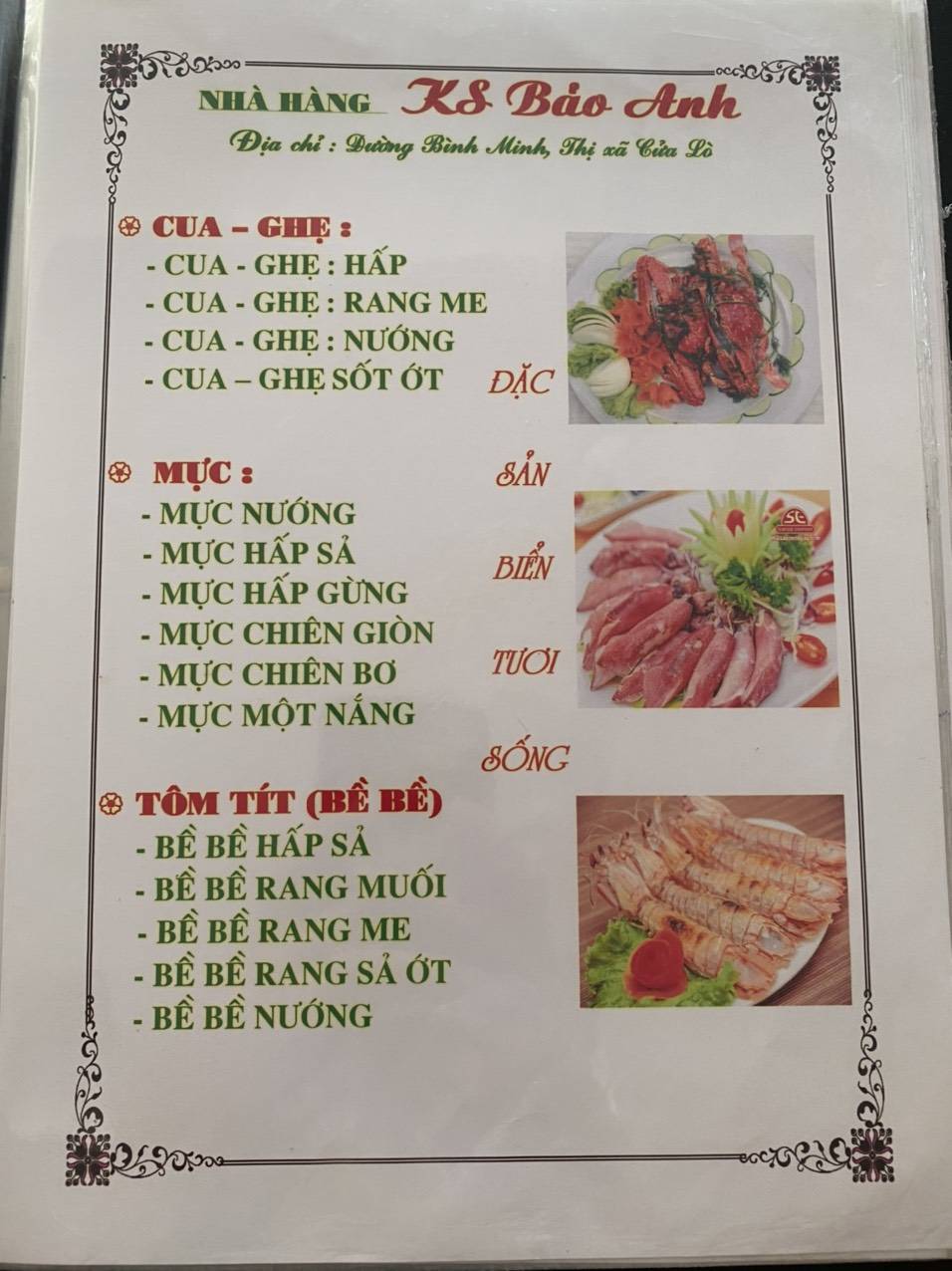 Menu at Bao Anh Hotel restaurant, Cua Lo