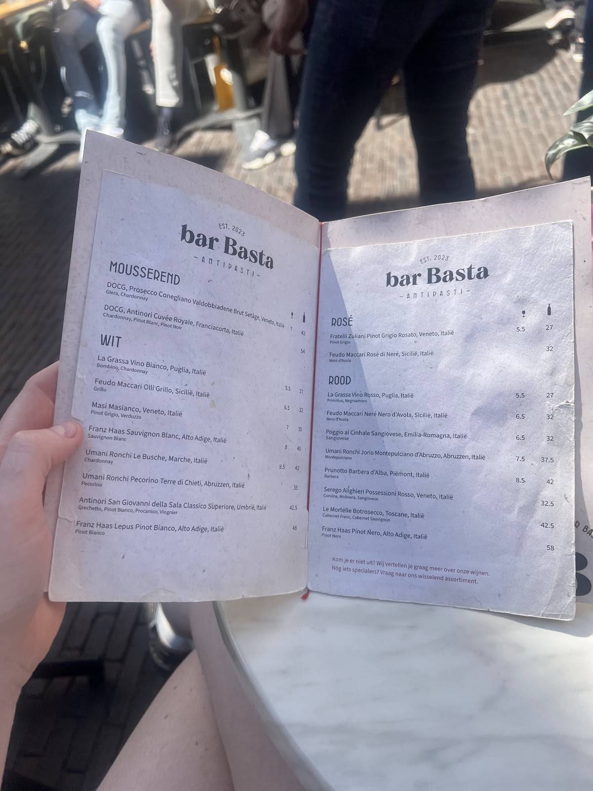 Menu at Bar Basta, Utrecht