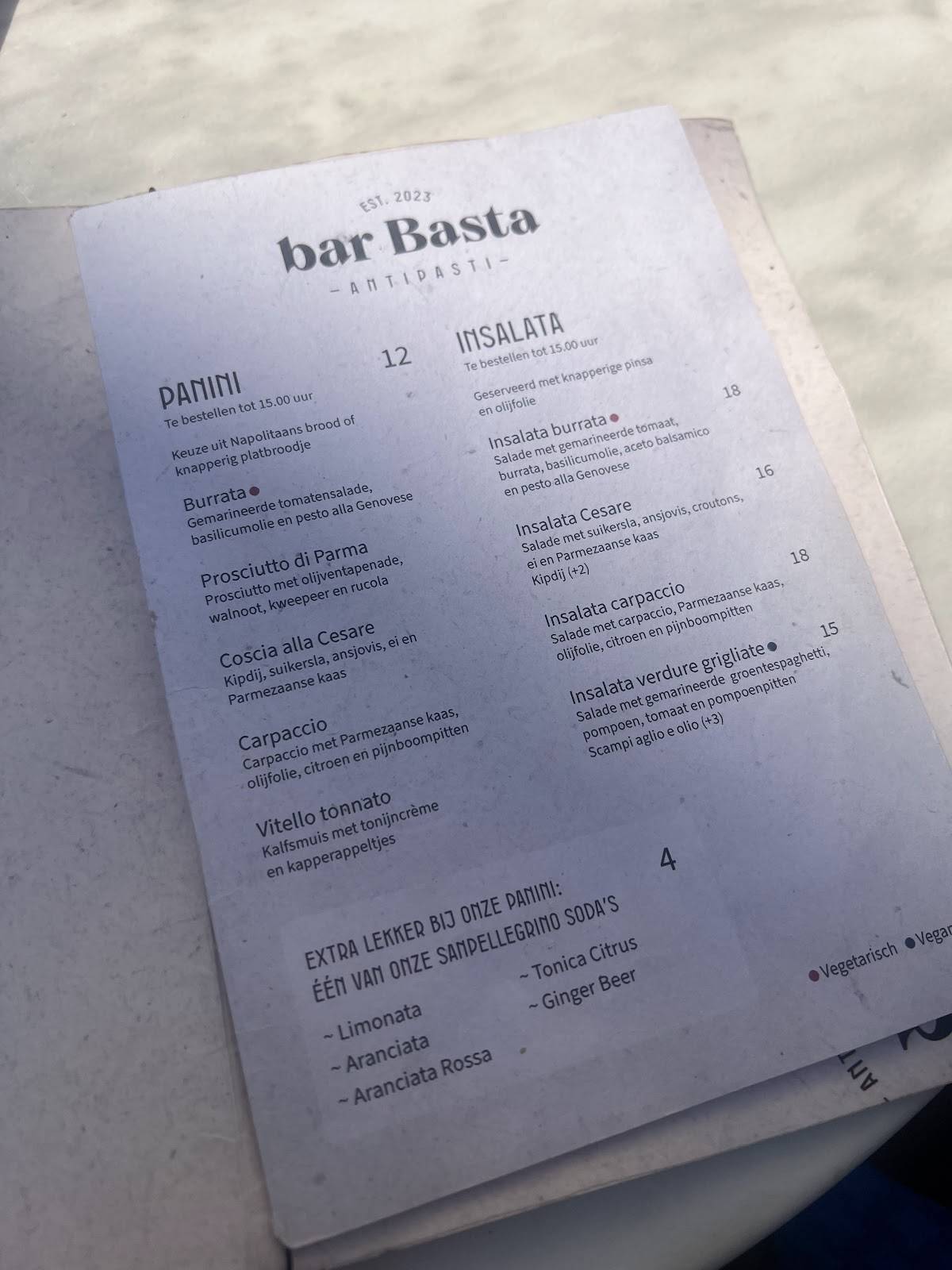 Menu at Bar Basta, Utrecht