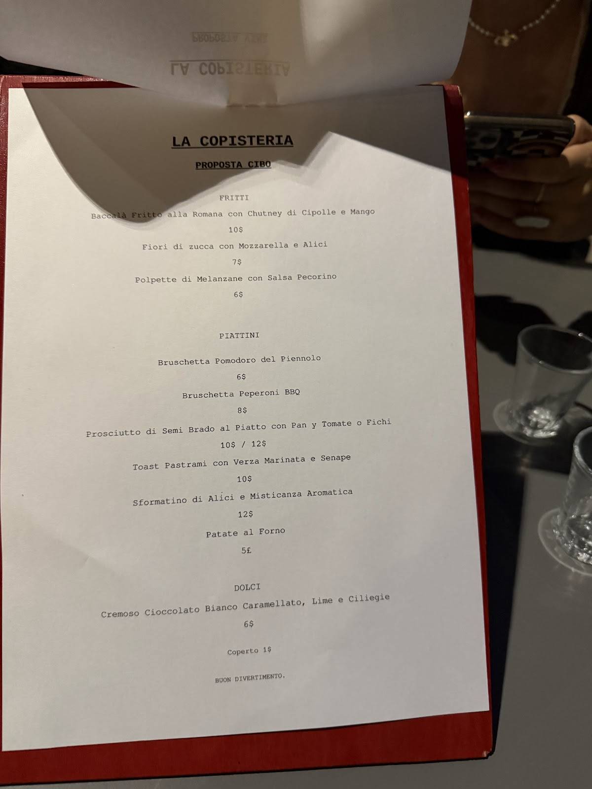 Menu at Bar Bozza, Rome, Via Giulio Rocco