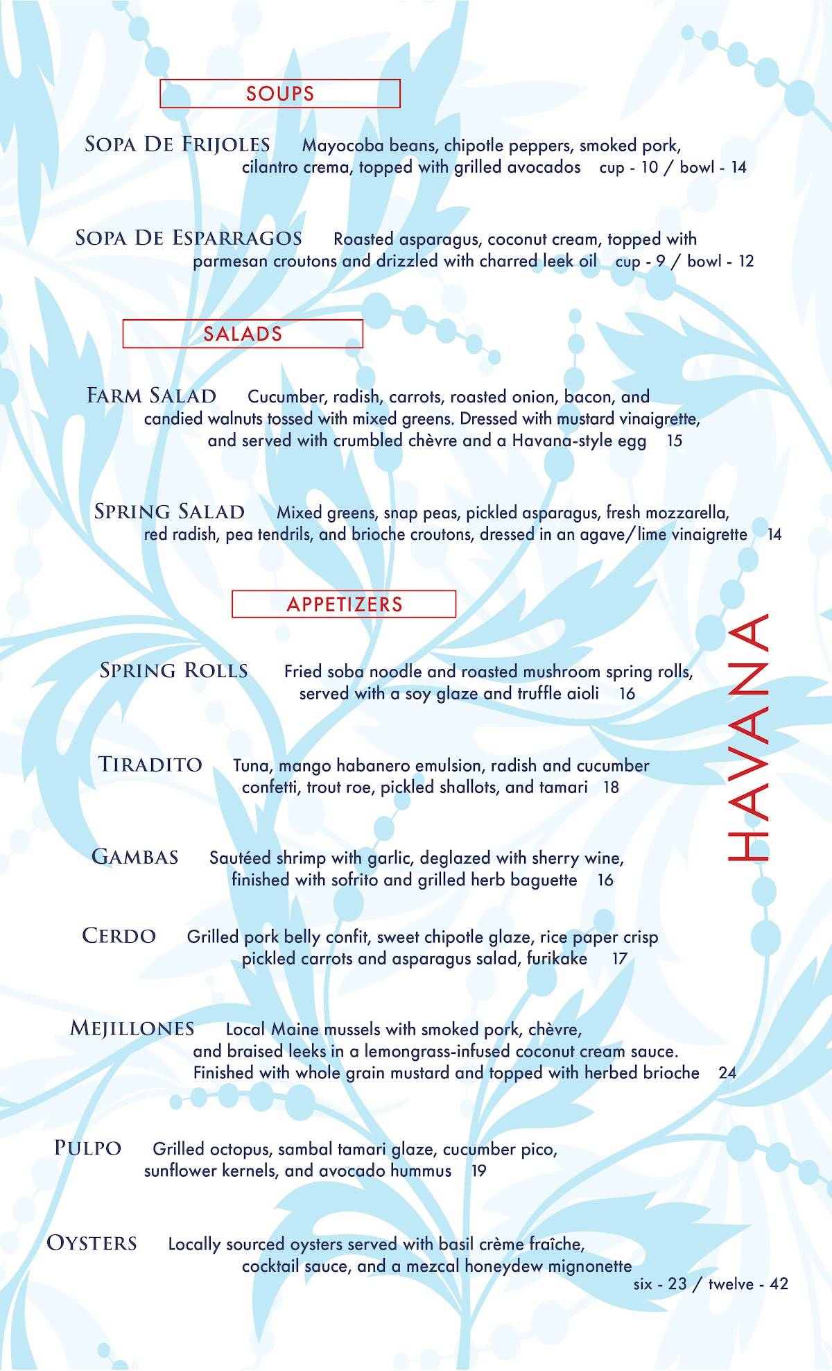 Menu at Havana restaurant, Bar Harbor
