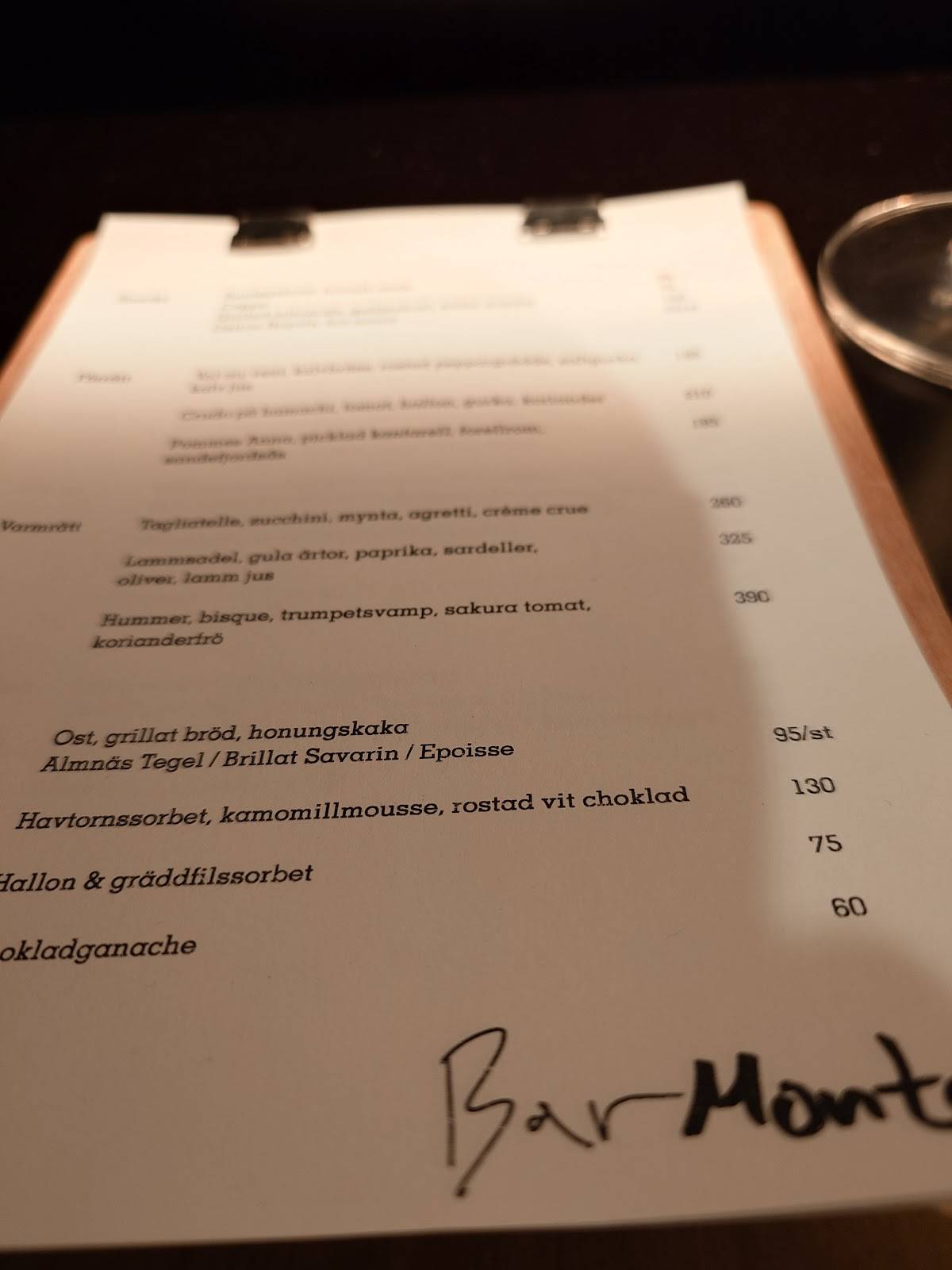 Menu at Bar Montan, Stockholm