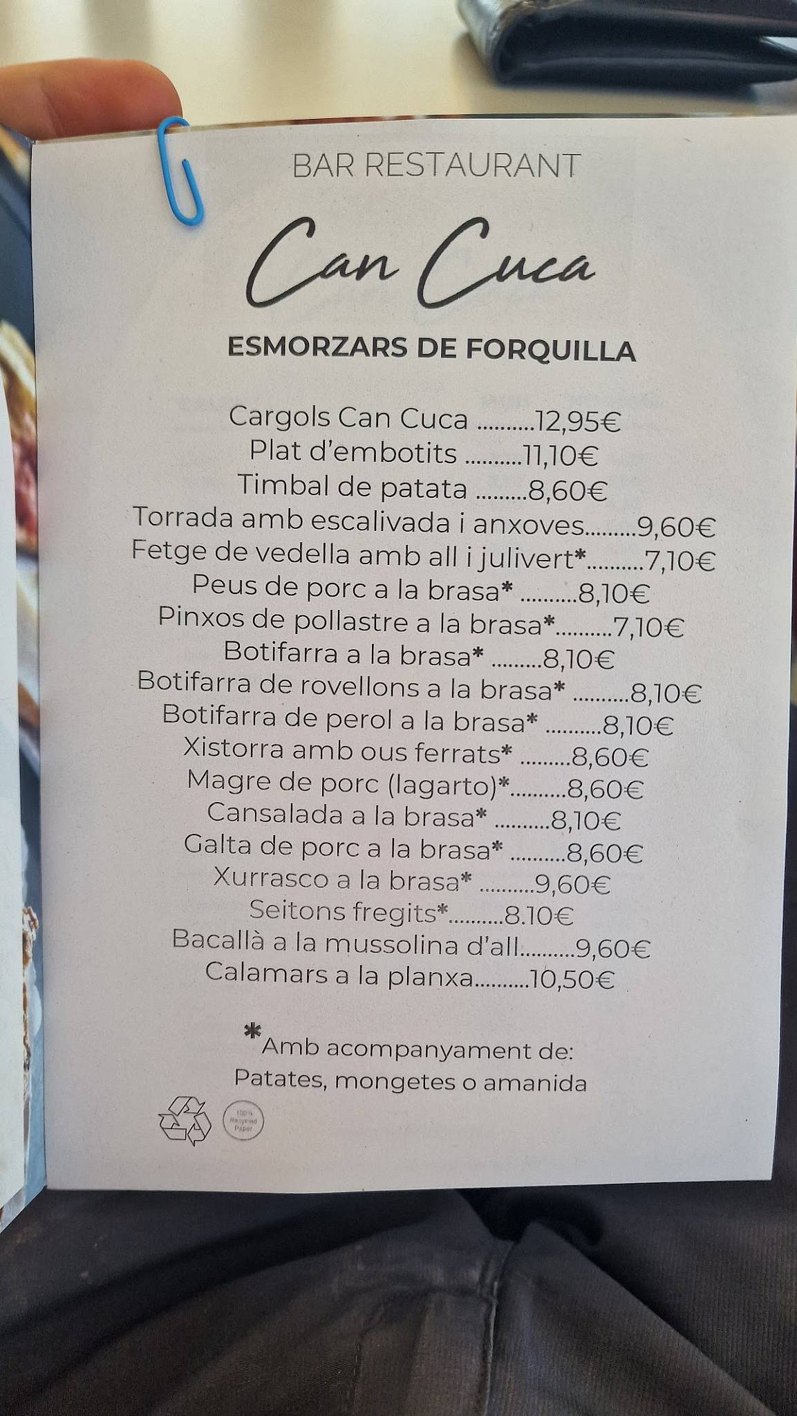 Carta de Bar Restaurant Can Cuca, Sils