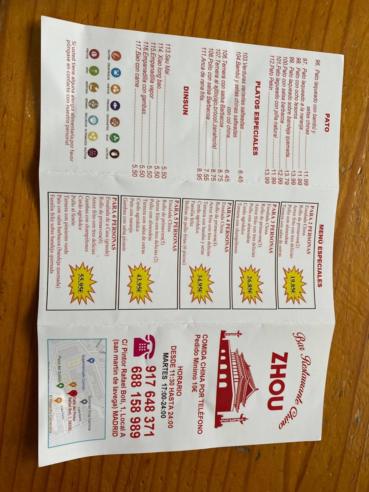Menu at Bar Restaurante Chino, Zhou, San Martín de la Vega