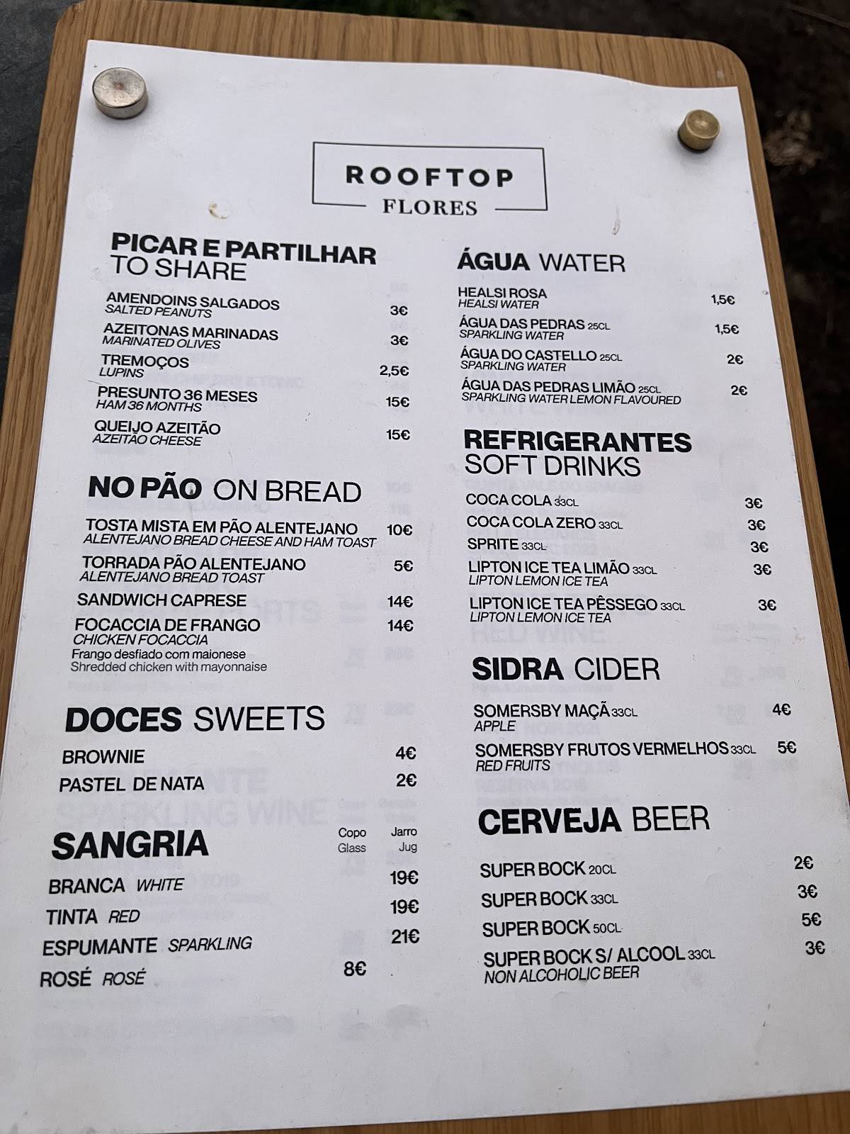 Menu em Bar Rooftop Flores, Porto, Rua da Vitória 177