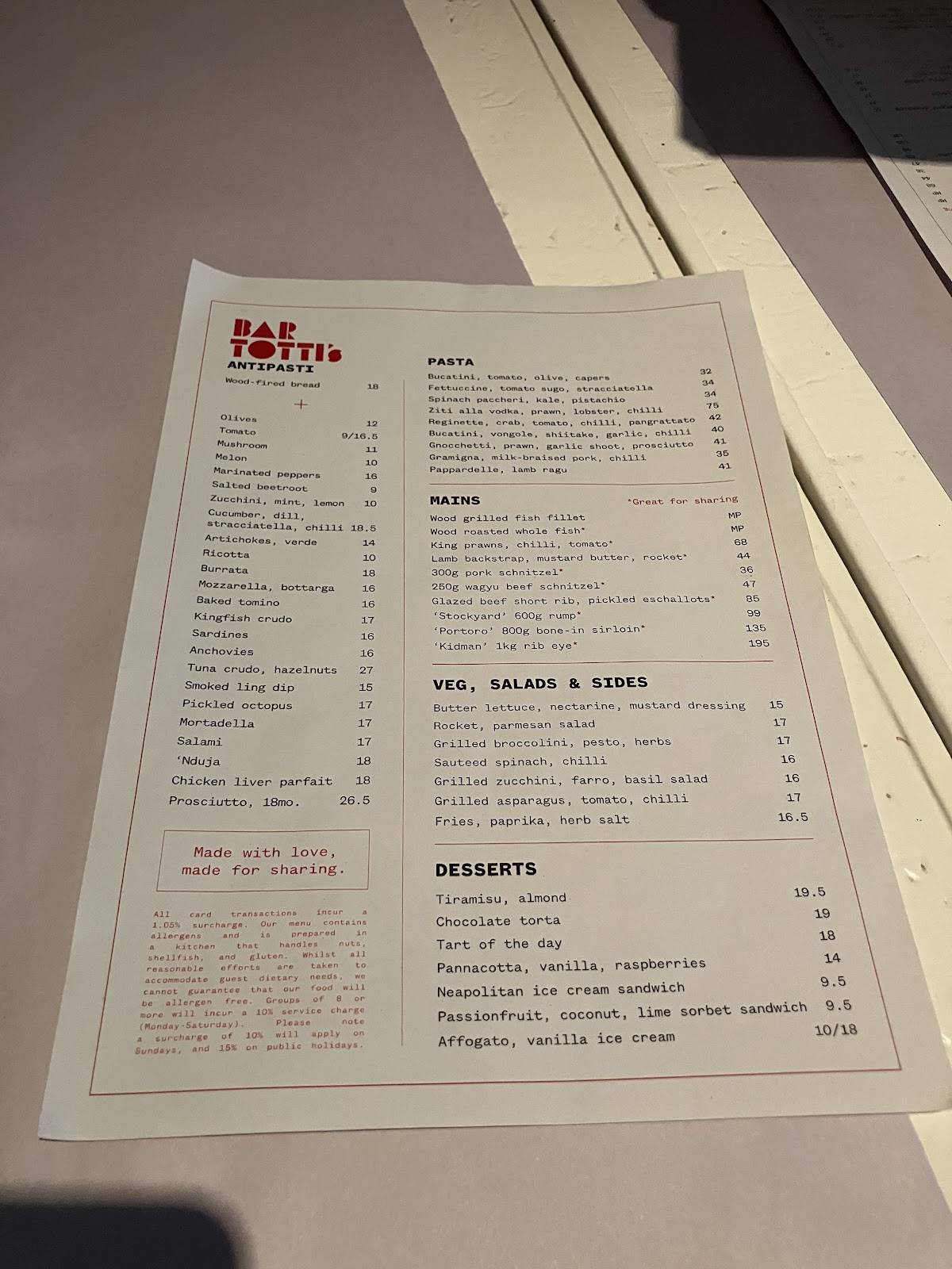 Menu at Bar Totti's, Sydney
