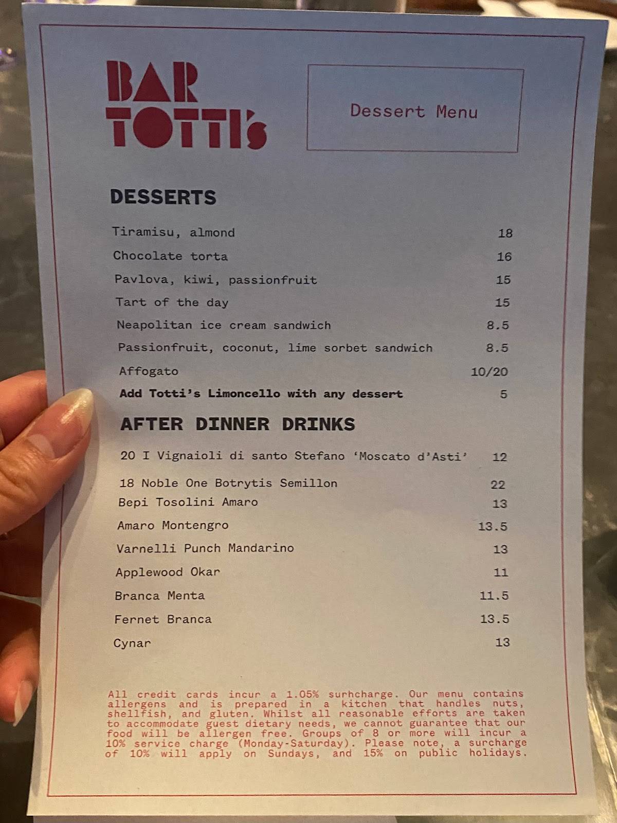 Menu at Bar Totti's, Sydney