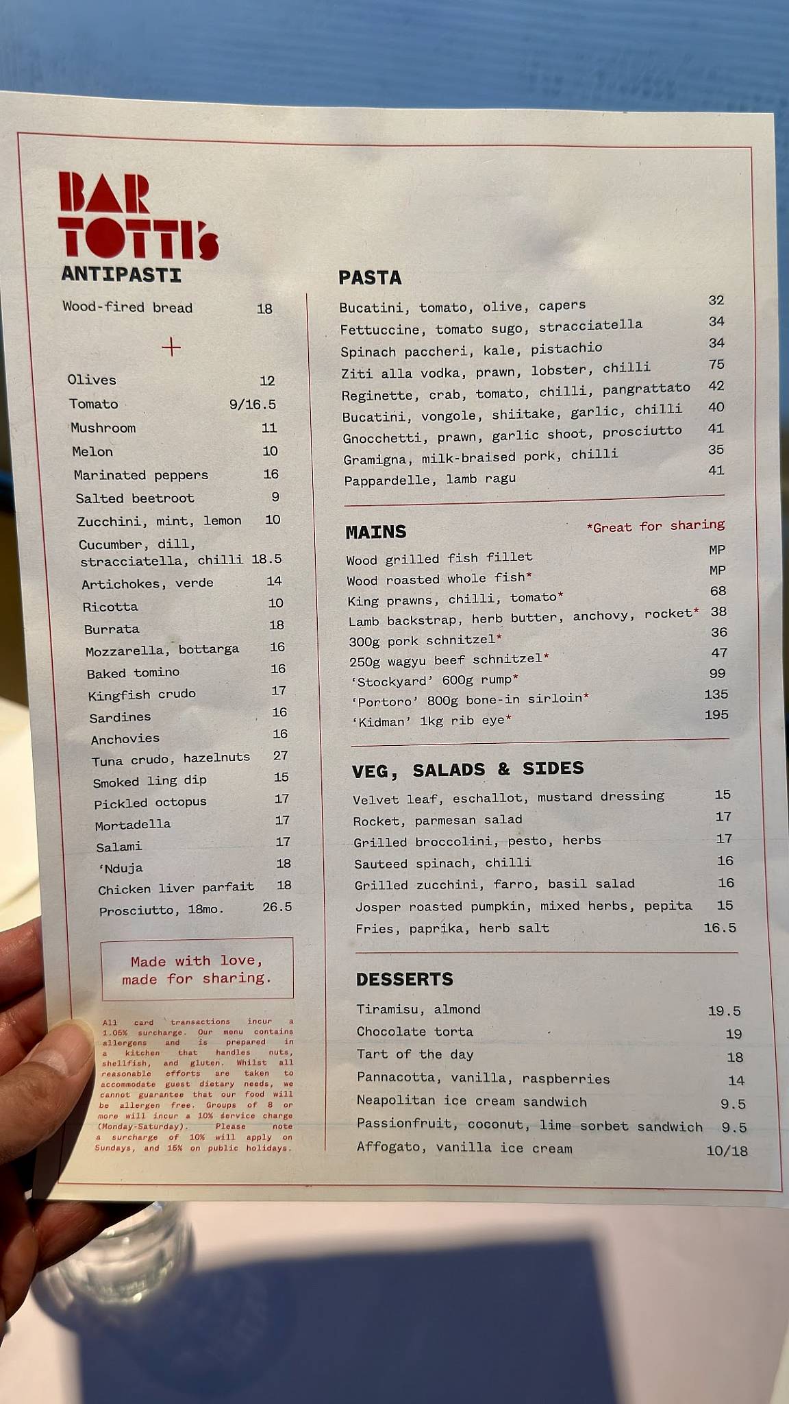 Menu at Bar Totti's, Sydney