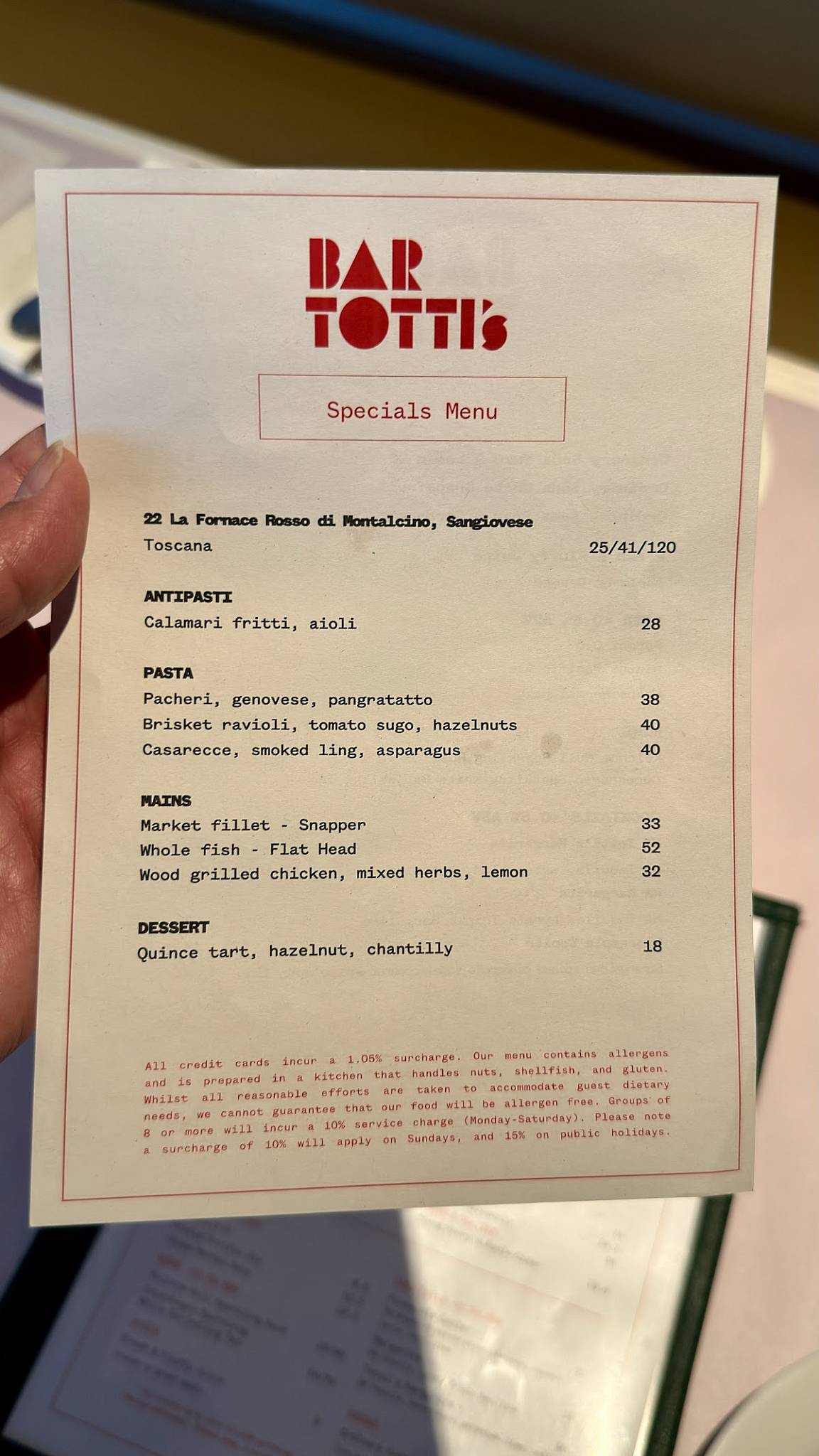 Menu at Bar Totti's, Sydney