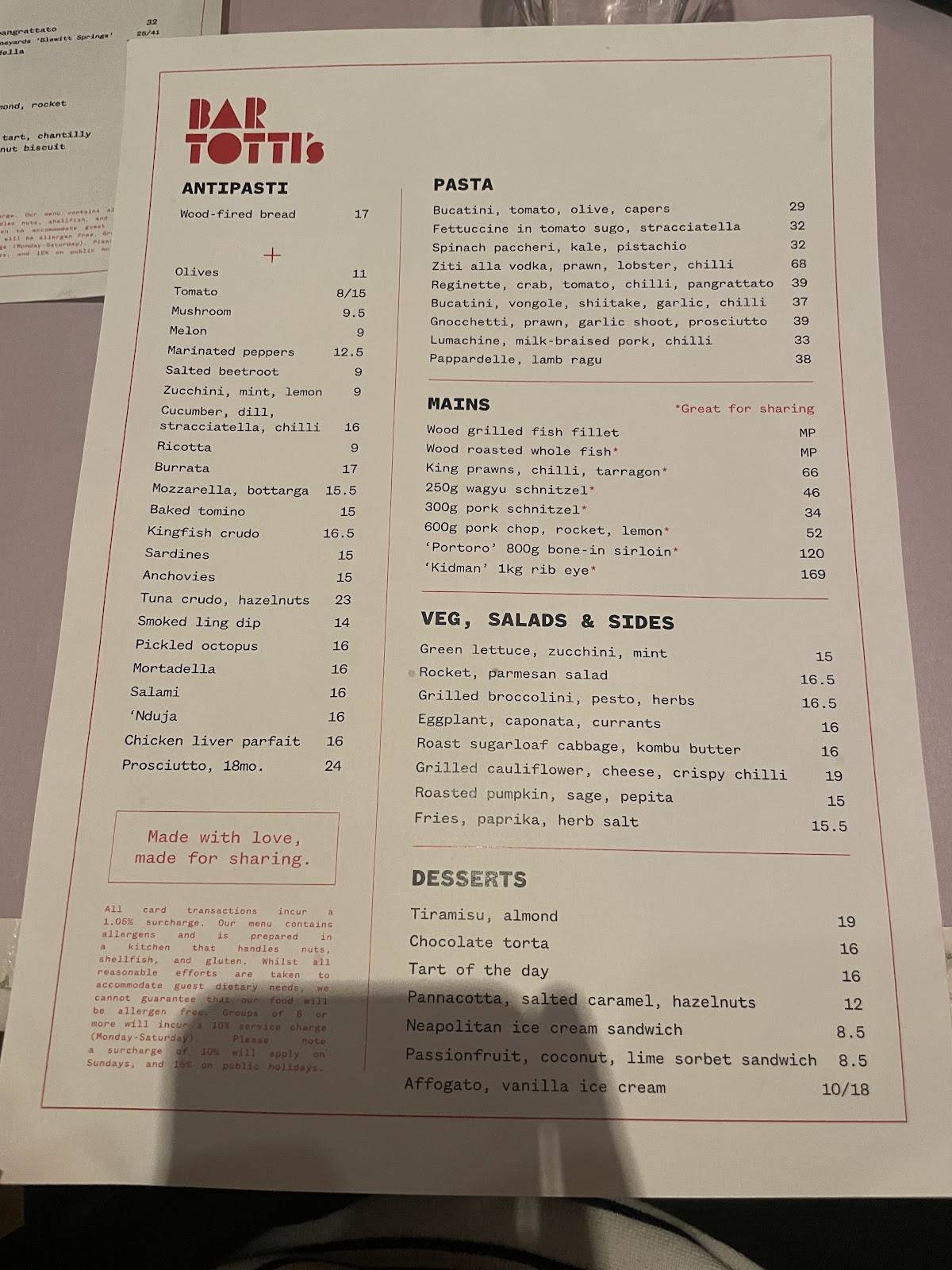 Menu at Bar Totti's, Sydney