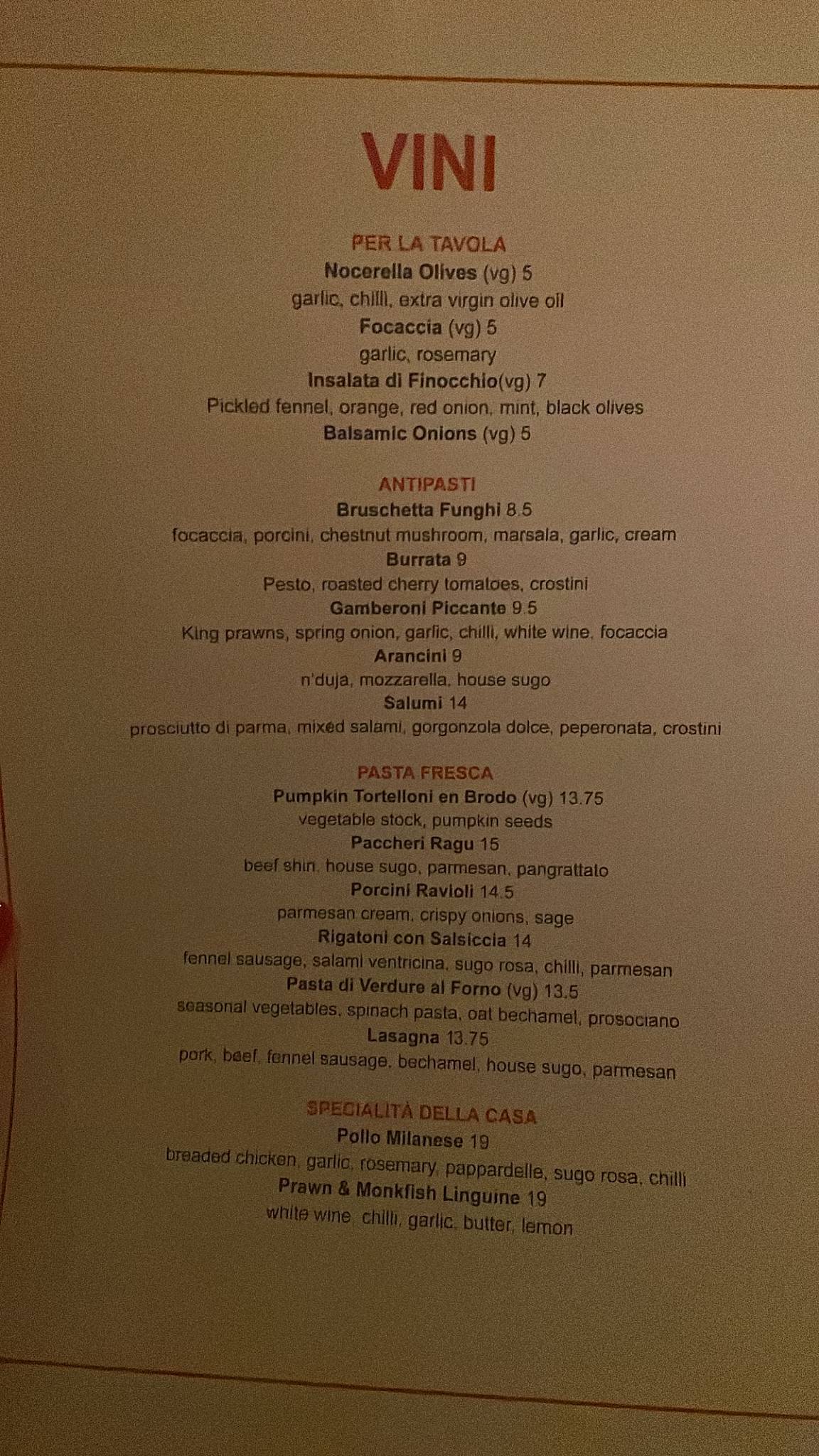 Menu at Bar Vini, Glasgow