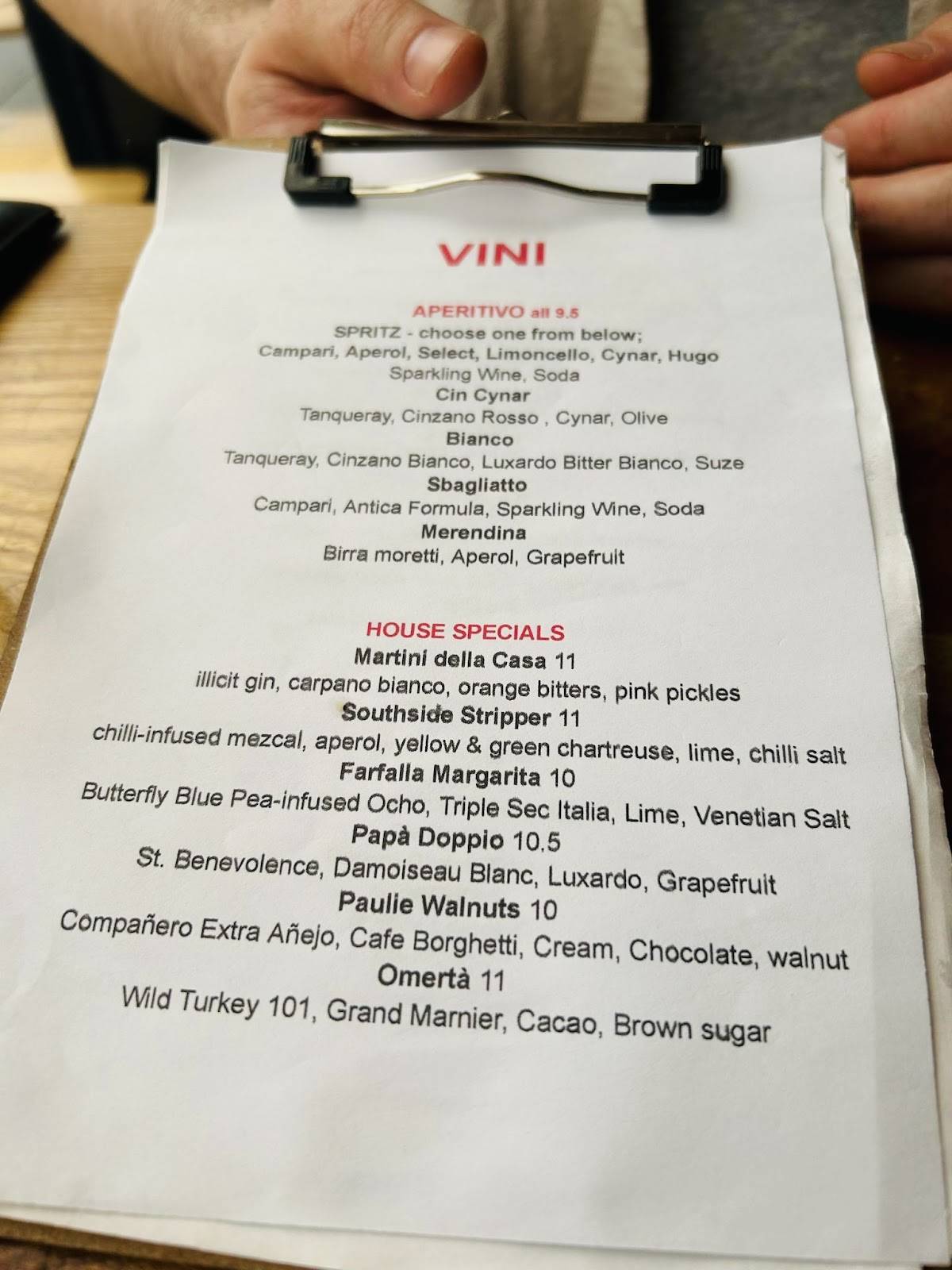 Menu at Bar Vini, Glasgow