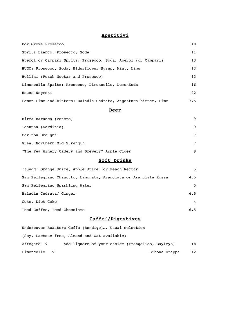 Menu at Baracca Lane, Seymour