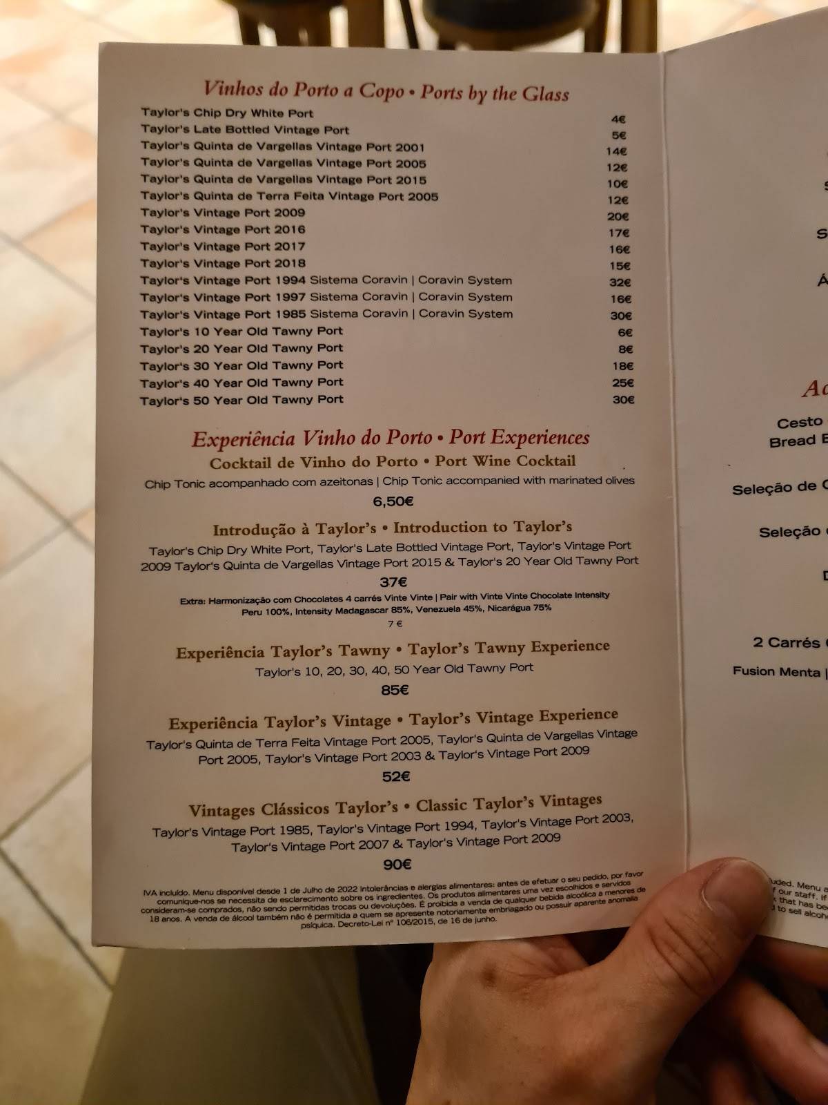 Menu at Barão Fladgate, Vila Nova de Gaia