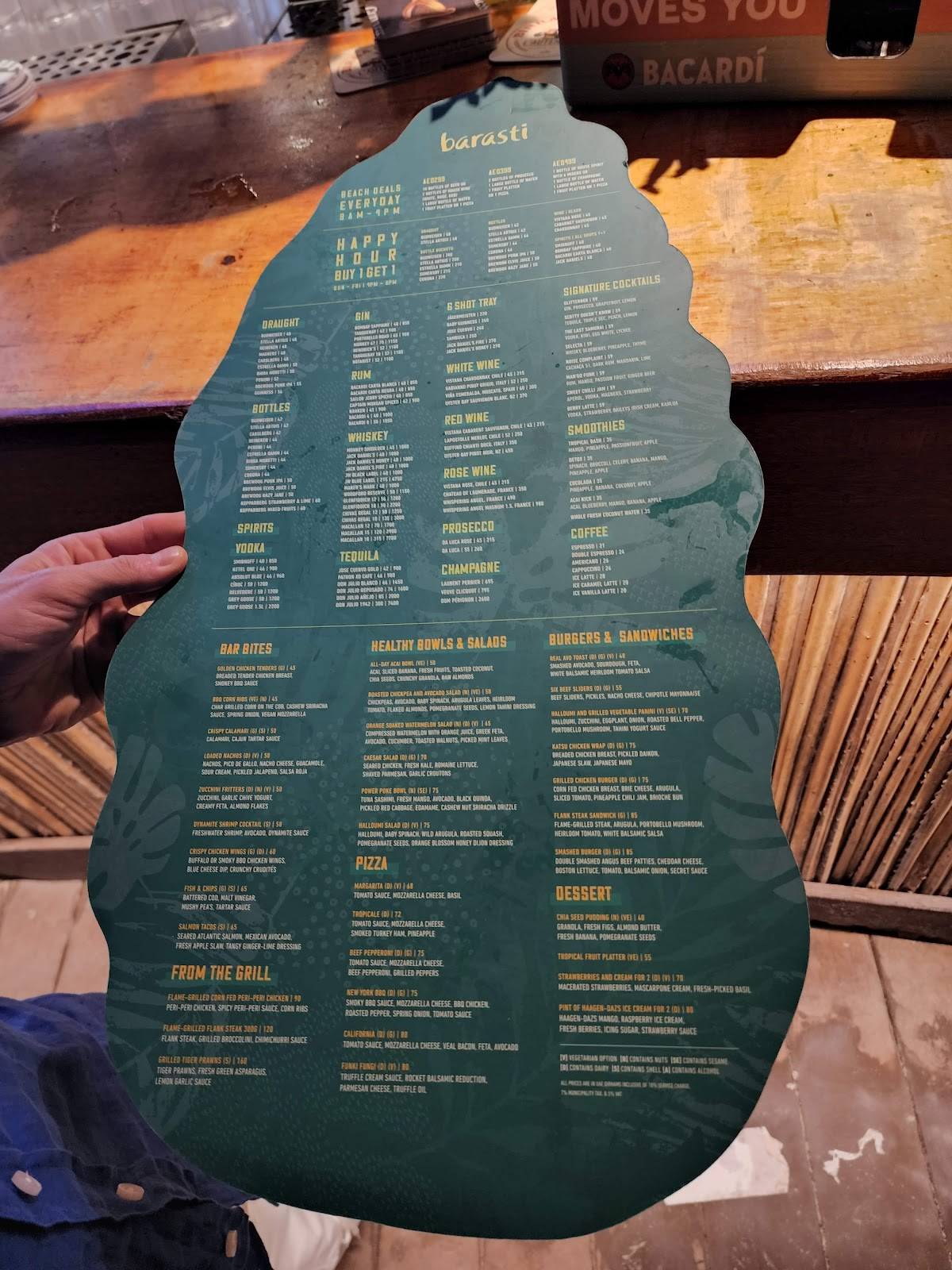 Menu at Barasti Beach, Dubai
