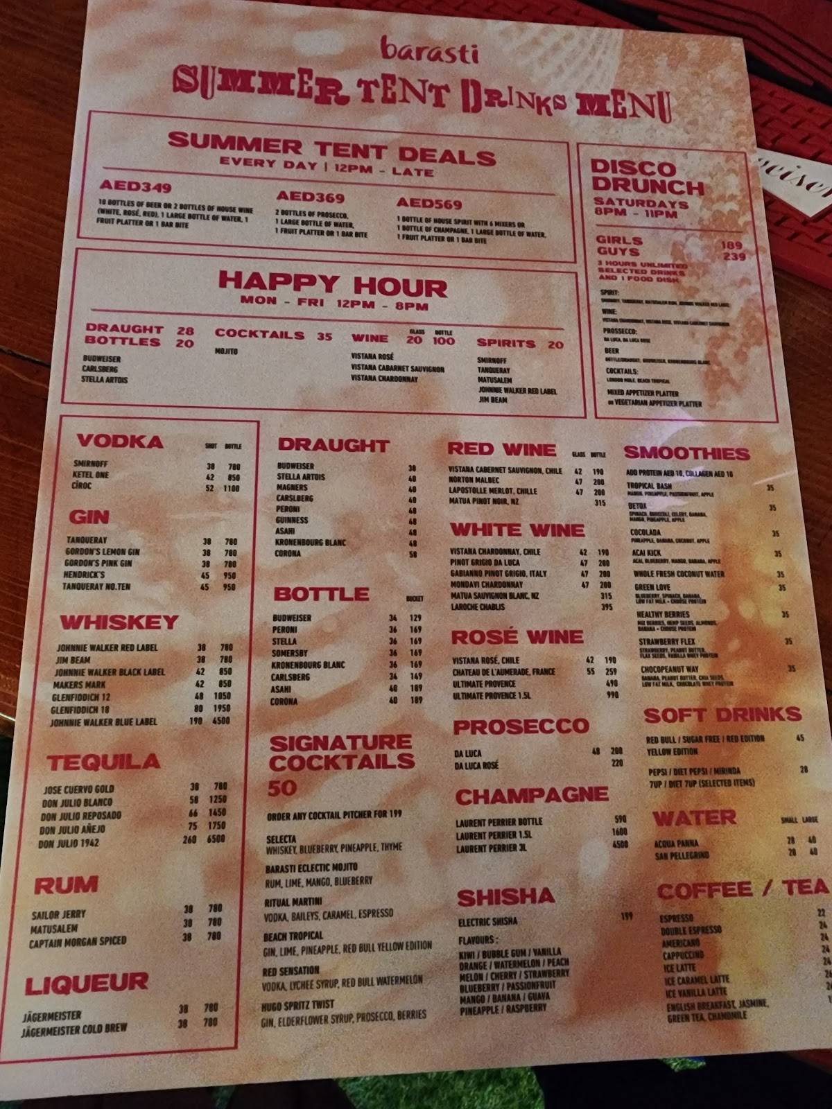 Menu at Barasti Beach, Dubai