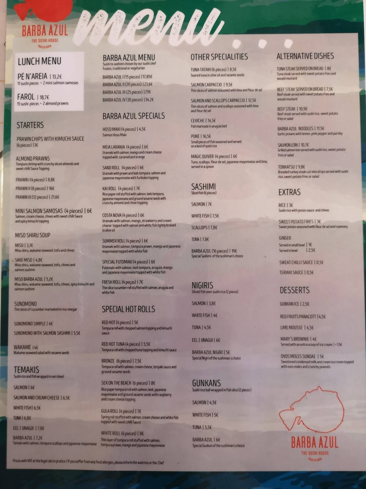 Menu em Barba Azul, The Sushi House, Gafanha da Nazaré
