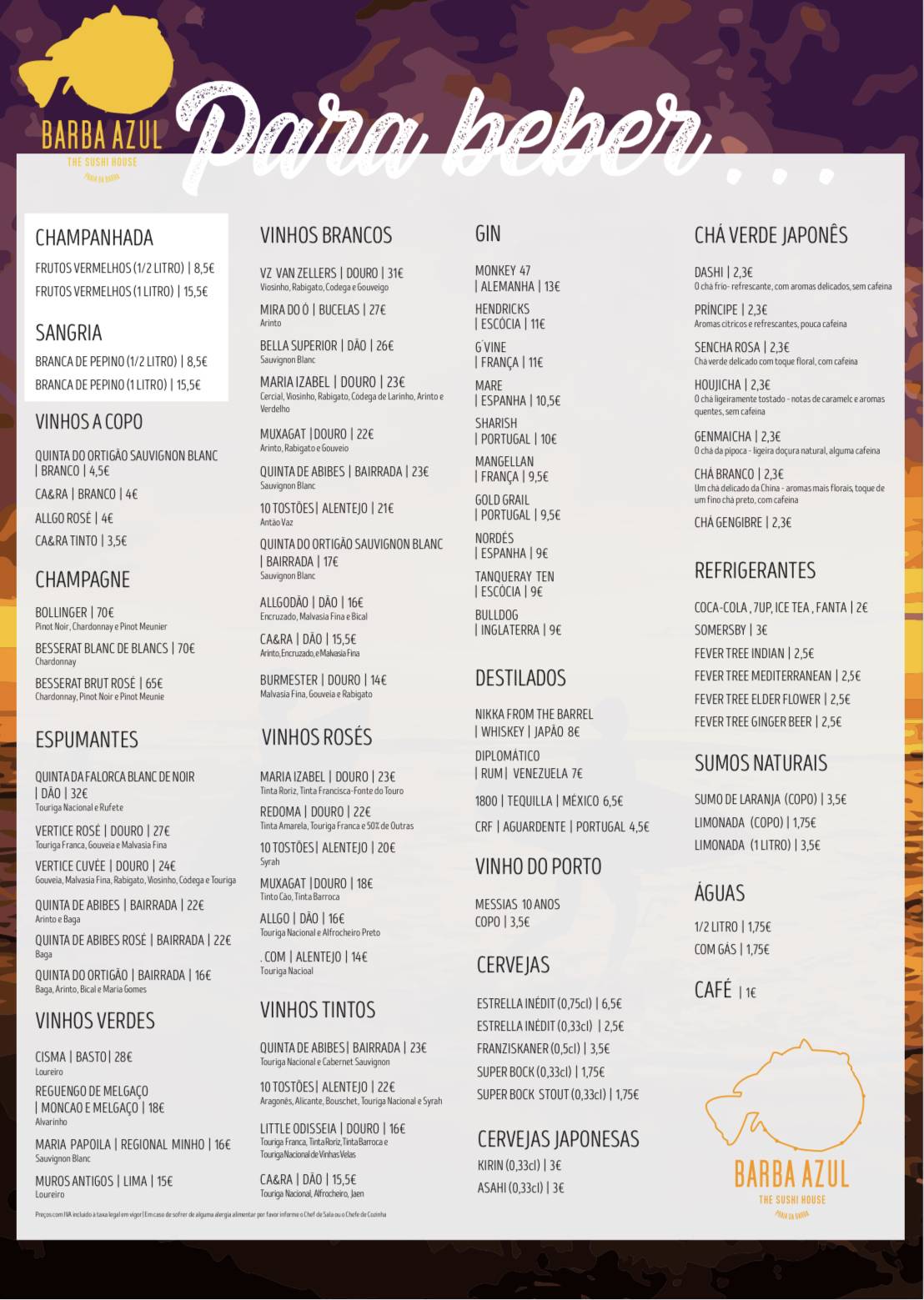 Menu em Barba Azul, The Sushi House, Gafanha da Nazaré