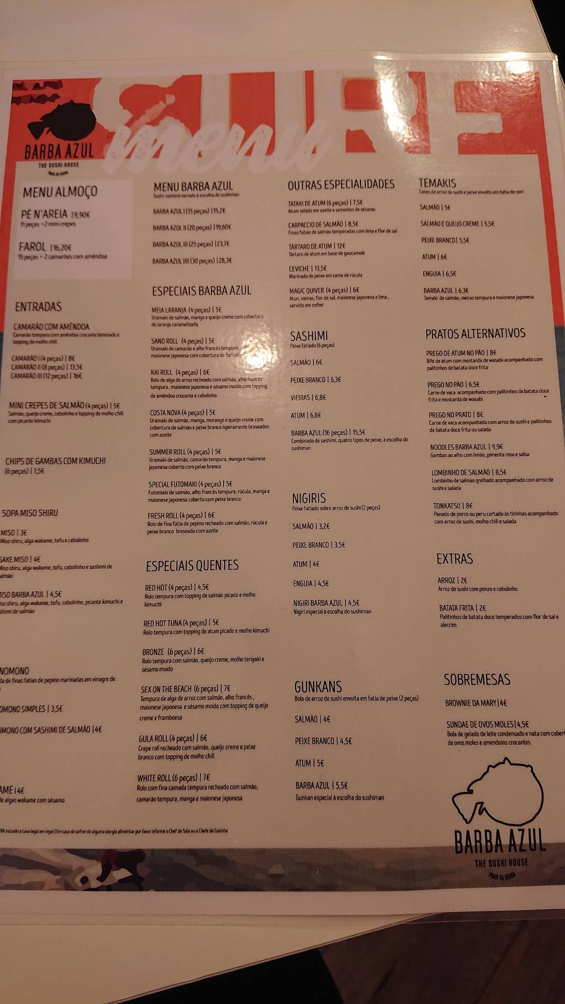 Menu em Barba Azul, The Sushi House, Gafanha da Nazaré