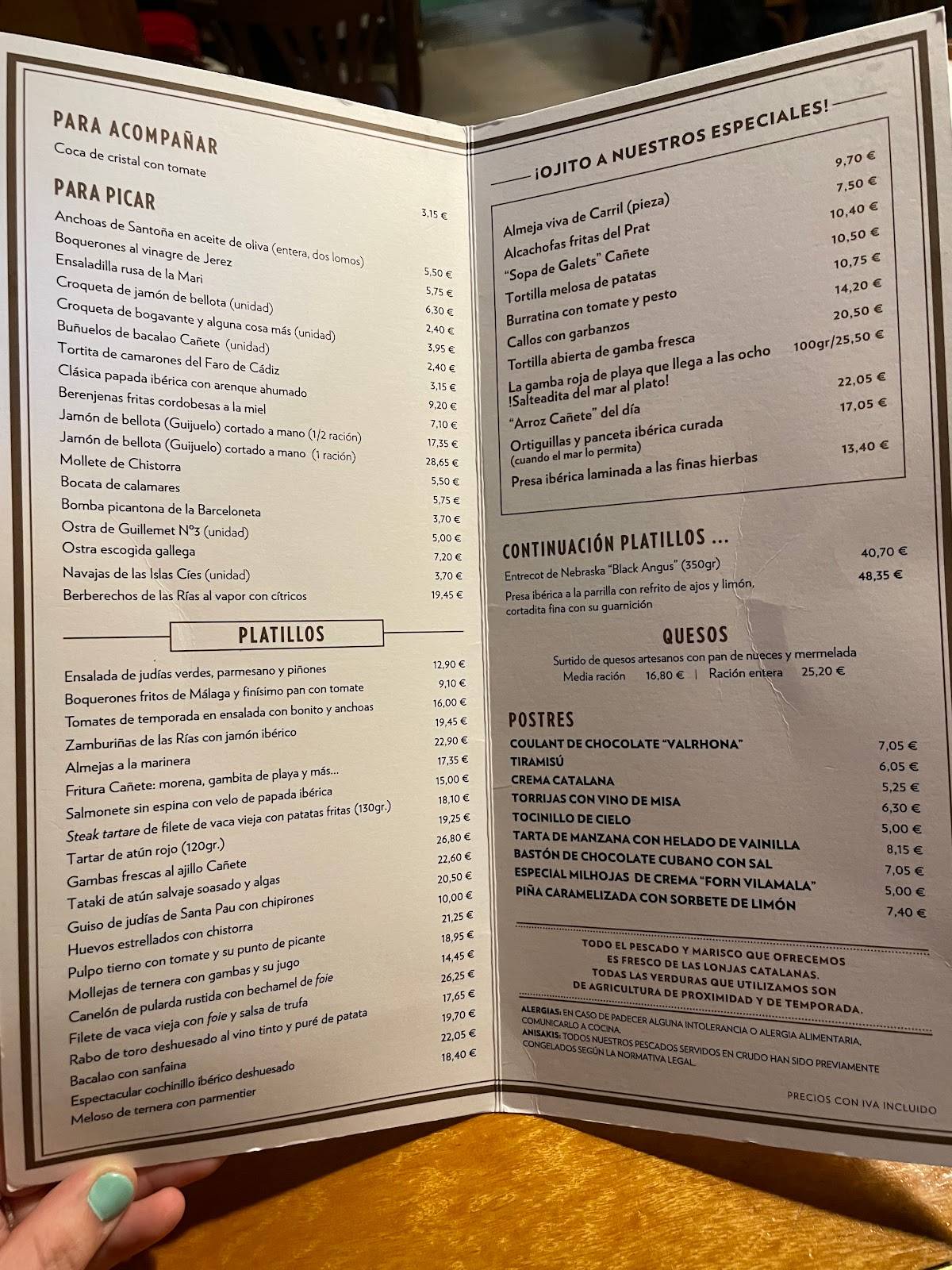 Menu at Cañete pub & bar, Barcelona, Carrer de la Unió