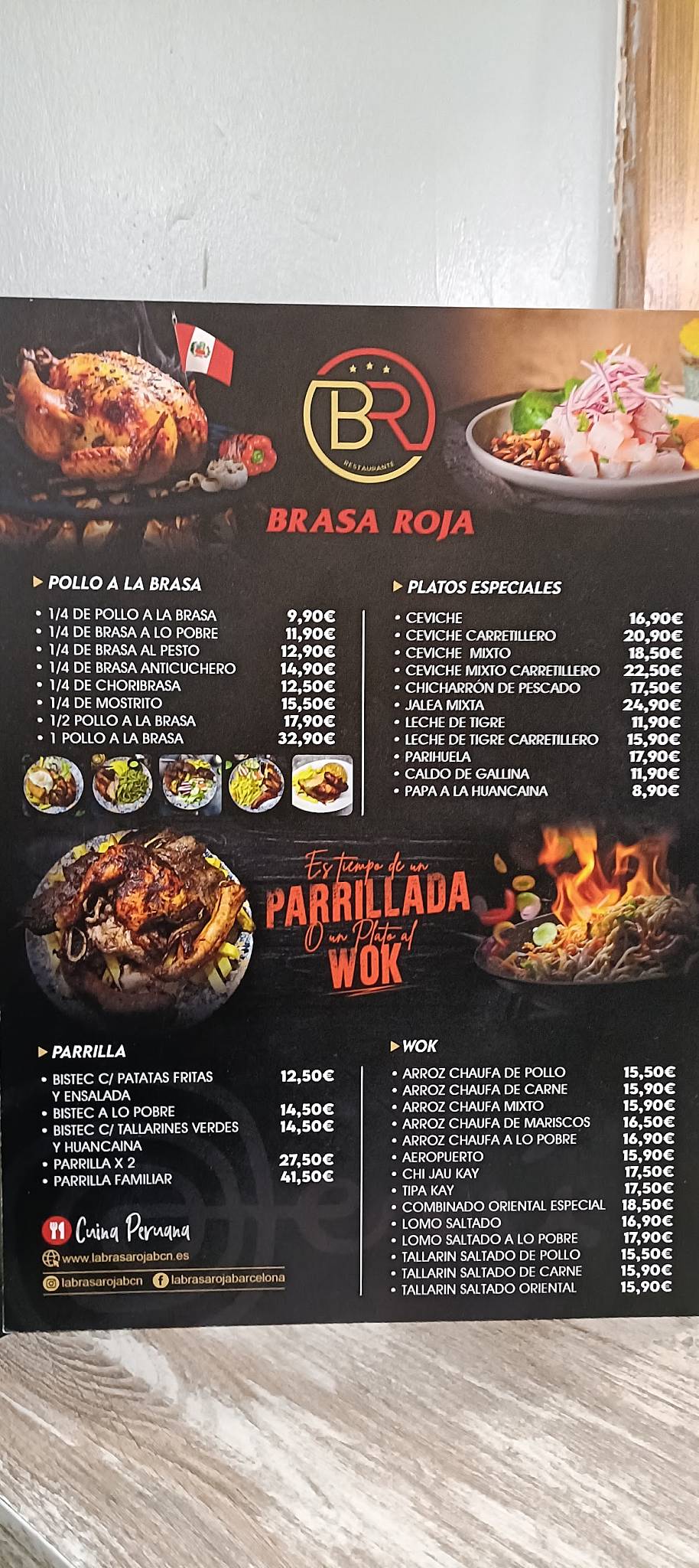Carta del restaurante La Brasa Roja, Barcelona, Carrer del València