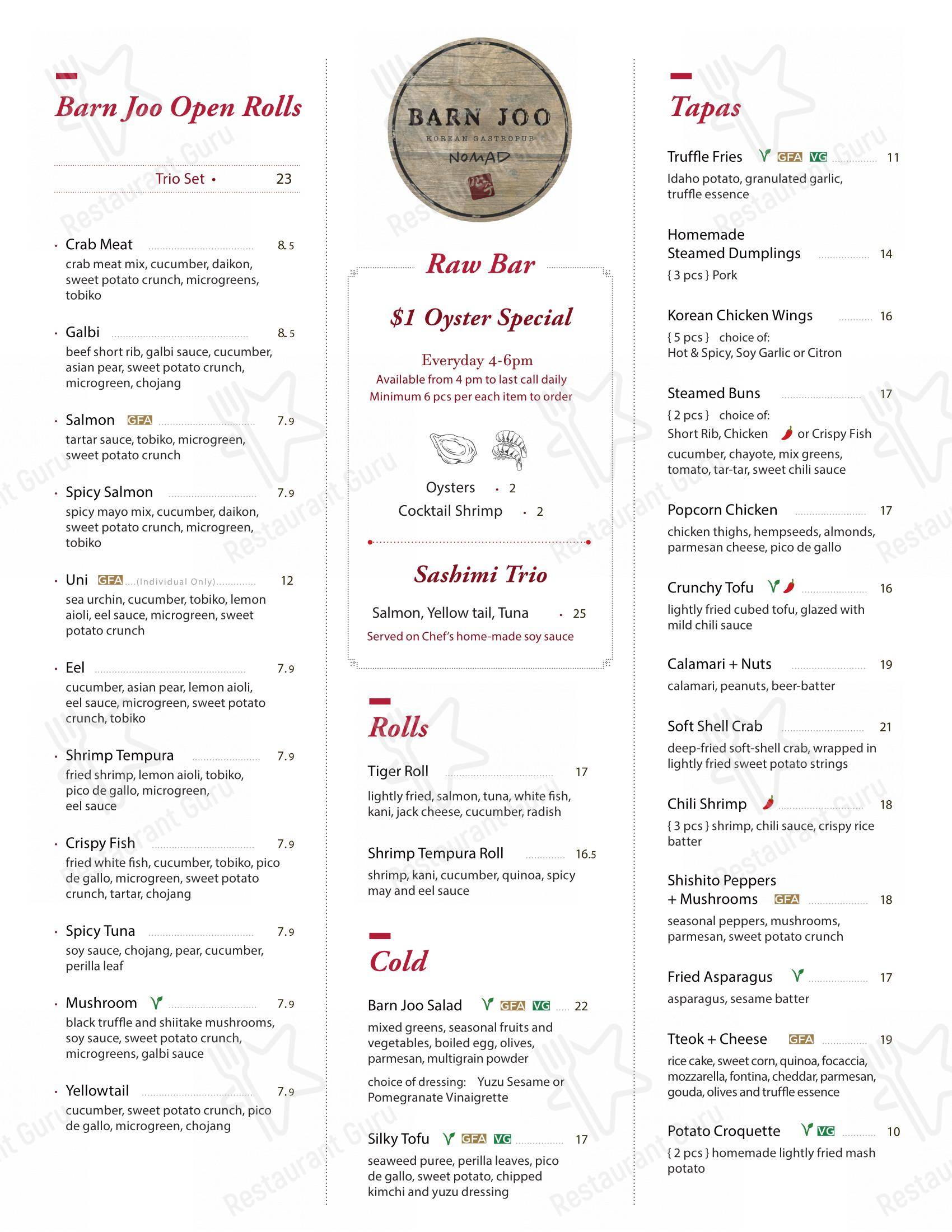 Menu at YOGI GastroNomad aka Barn Joo Nomad, New York City