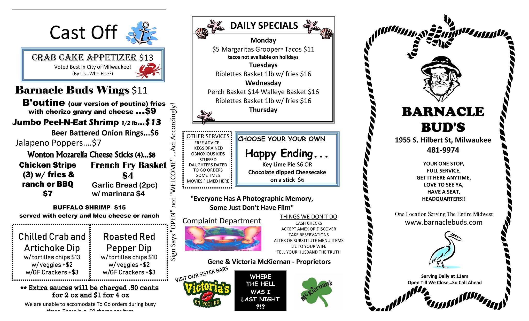 Menu at Barnacle Bud's, Milwaukee