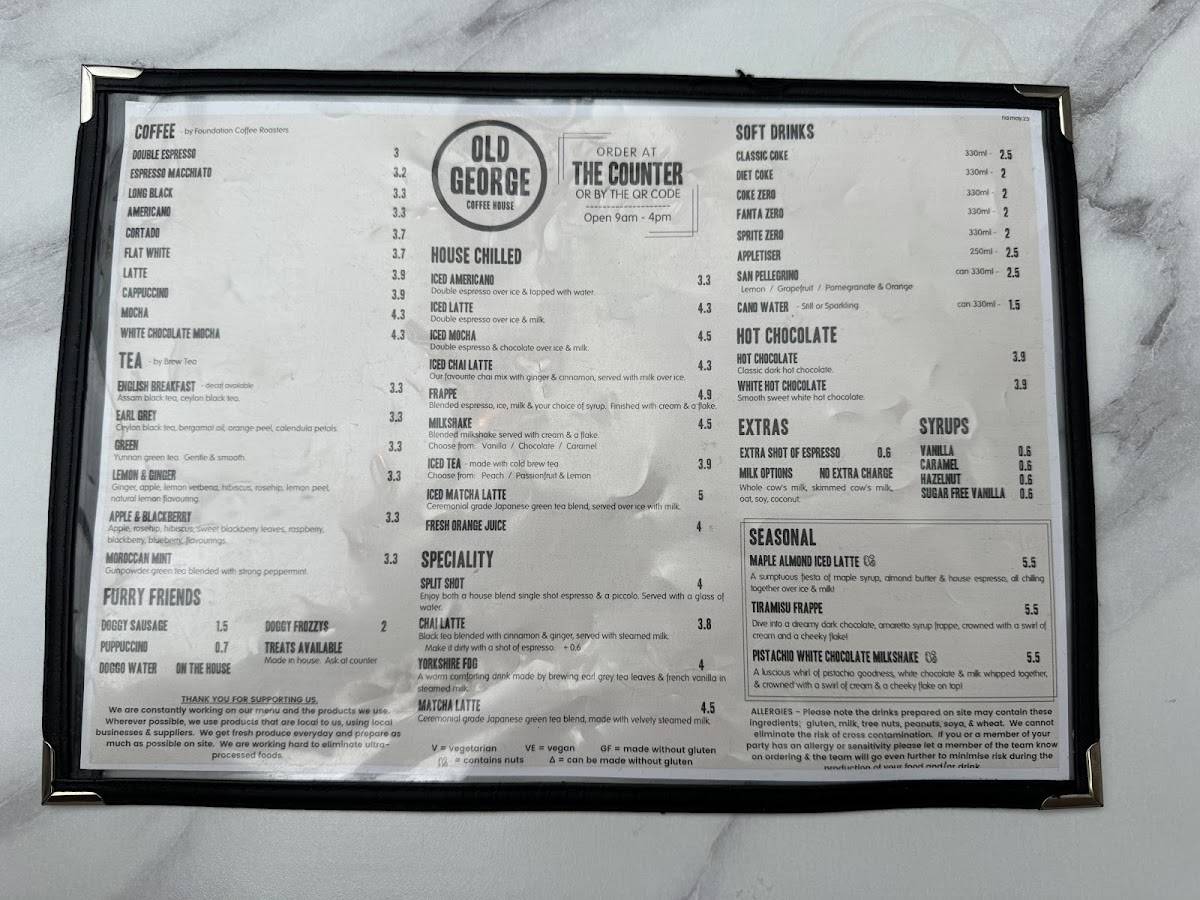 Menu at Old George Coffee House, Barnsley, 14 Market Hill