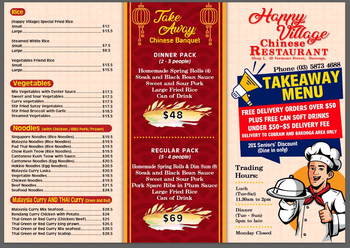 Menu at Happy Village Chinese Restaurant NEW Department, Barooga