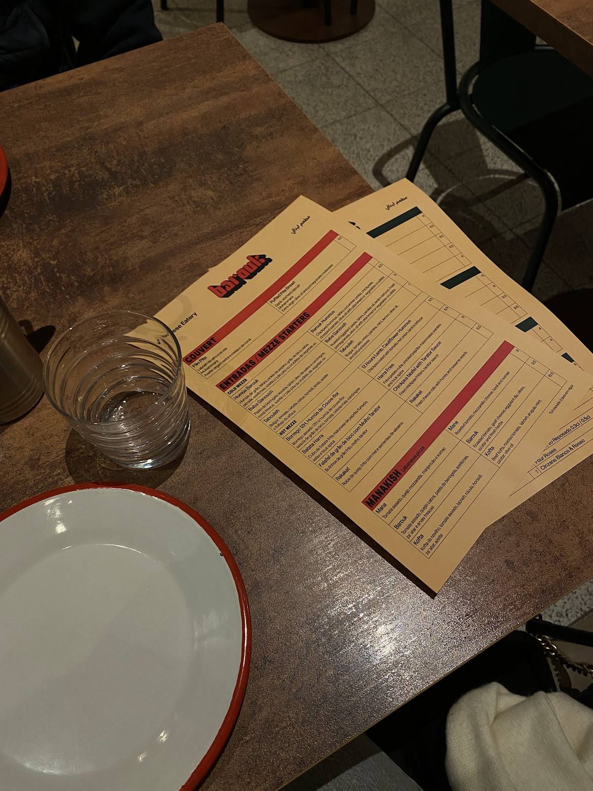 Menu at Barouk, Lisbon