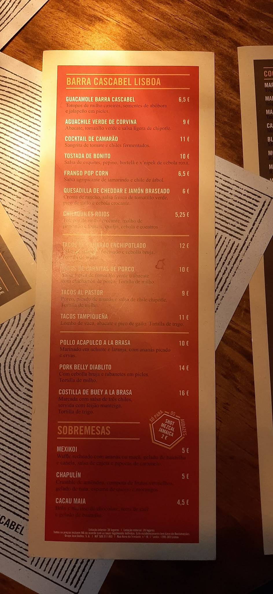 Menu at Barra Cascabel, Lisbon